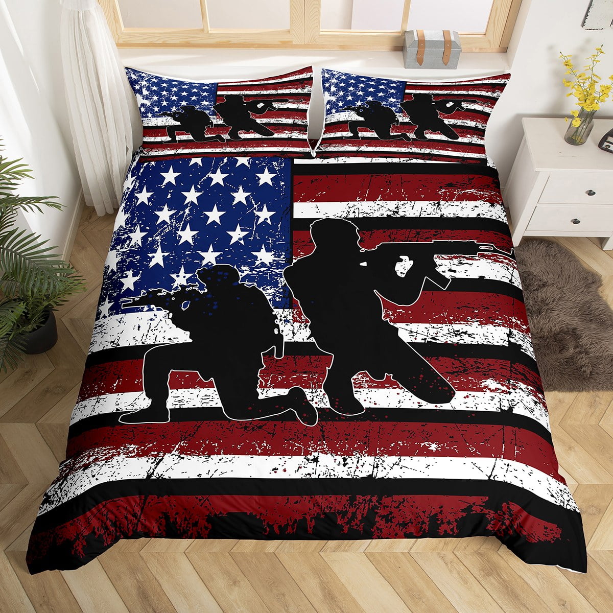 American Flag Comforter Cover Teen Boy Vintage Army Soldier Silhouette ...
