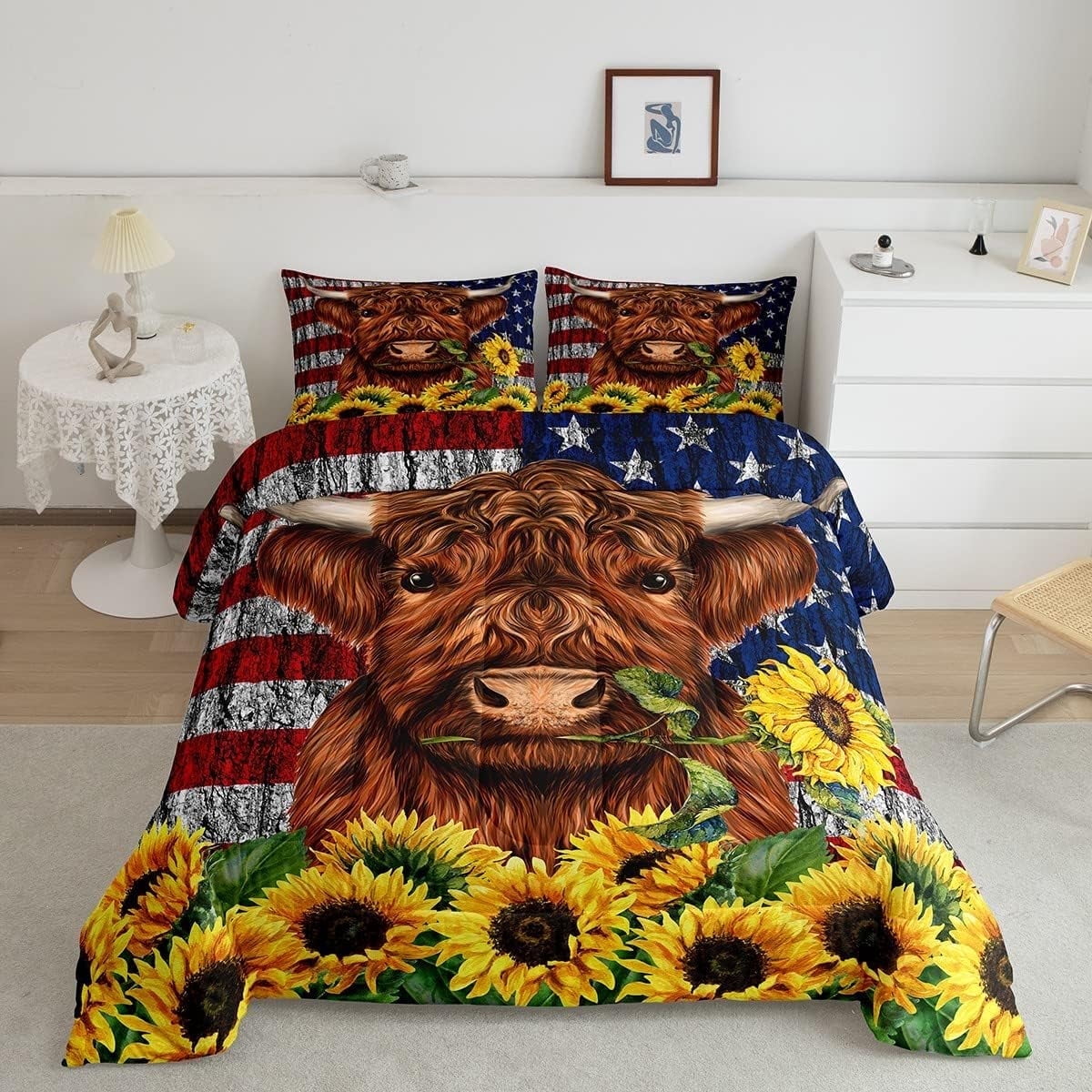 American Flag Comforter Set Full All Season,Highland Cow Sunflower Bedding Set Teens,Grunge ...