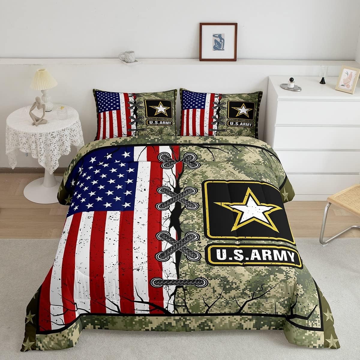 American Flag Comforter Set King for Adult Boys Army Green Camo Down ...