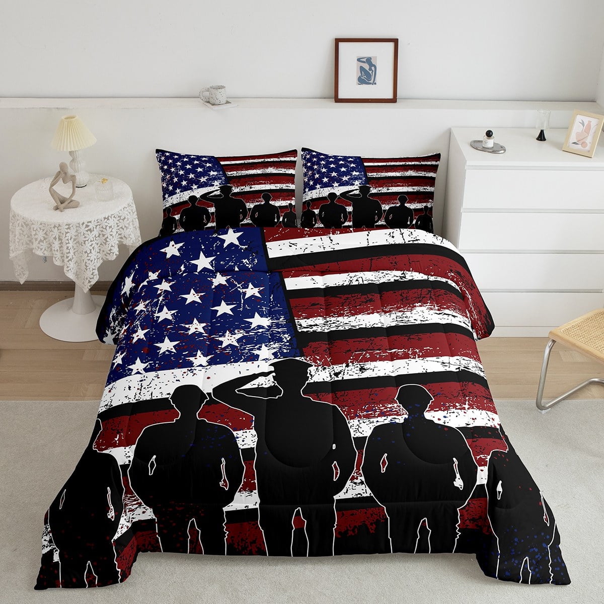 American Flag Comforter Set Soldier Silhouettes Bedding for Veteran'S ...