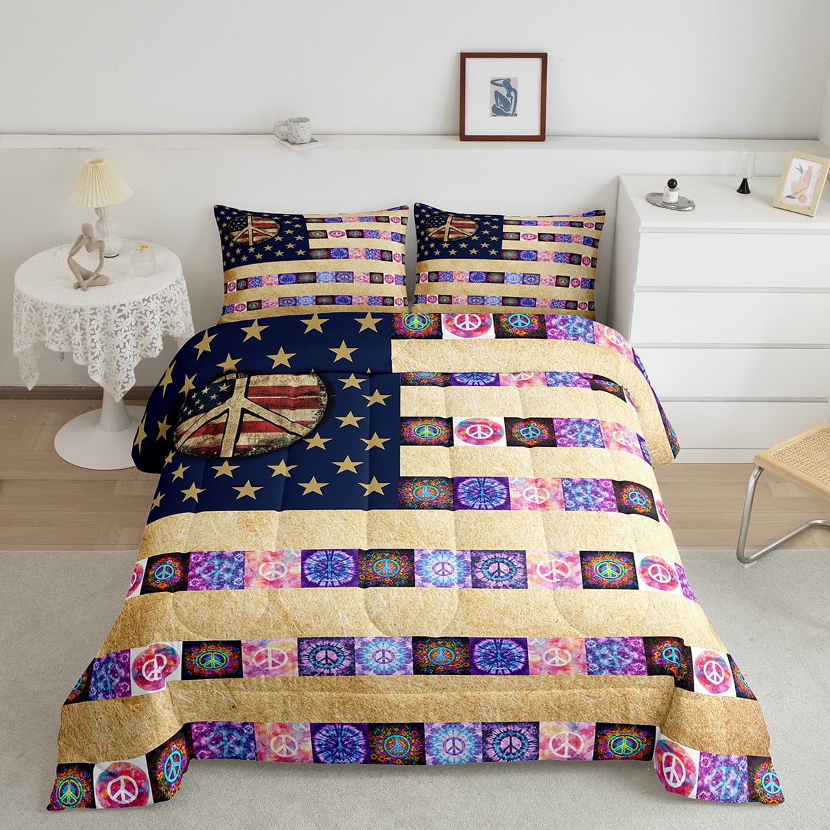 American Flag Comforter Set Twin Size,Peace Sign Bedding Set 2Pcs ...