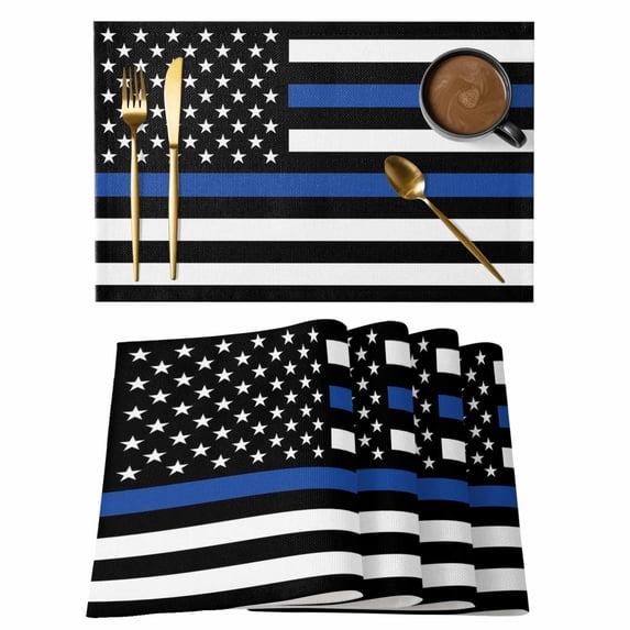 American Flag Cotton Linen Placemats Set of 4, Retro USA Flag Blue Line ...