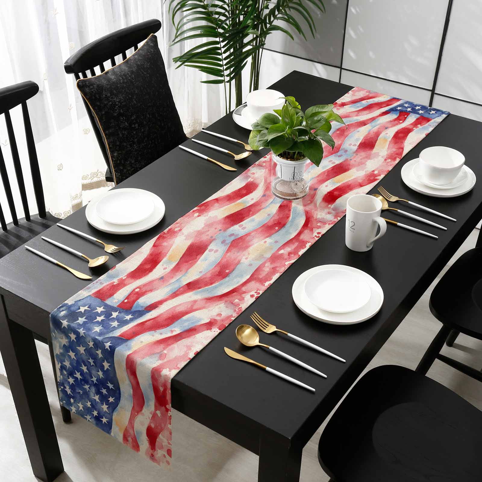 American Flag Cotton Linen Table Runner 18 x 72 inch Abstract Oil ...