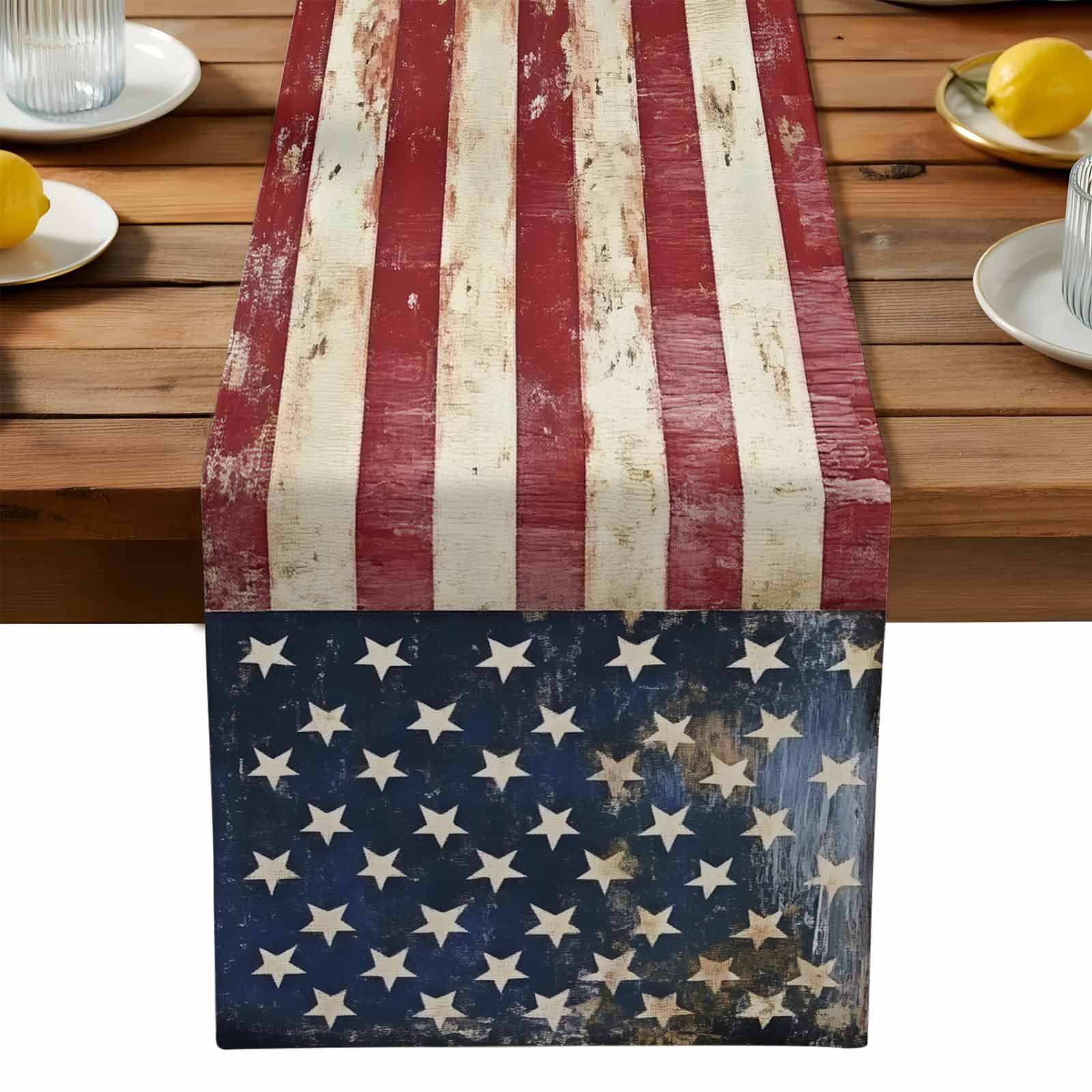 American Flag Cotton Linen Table Runner for Dining Kitchen, Vintage ...