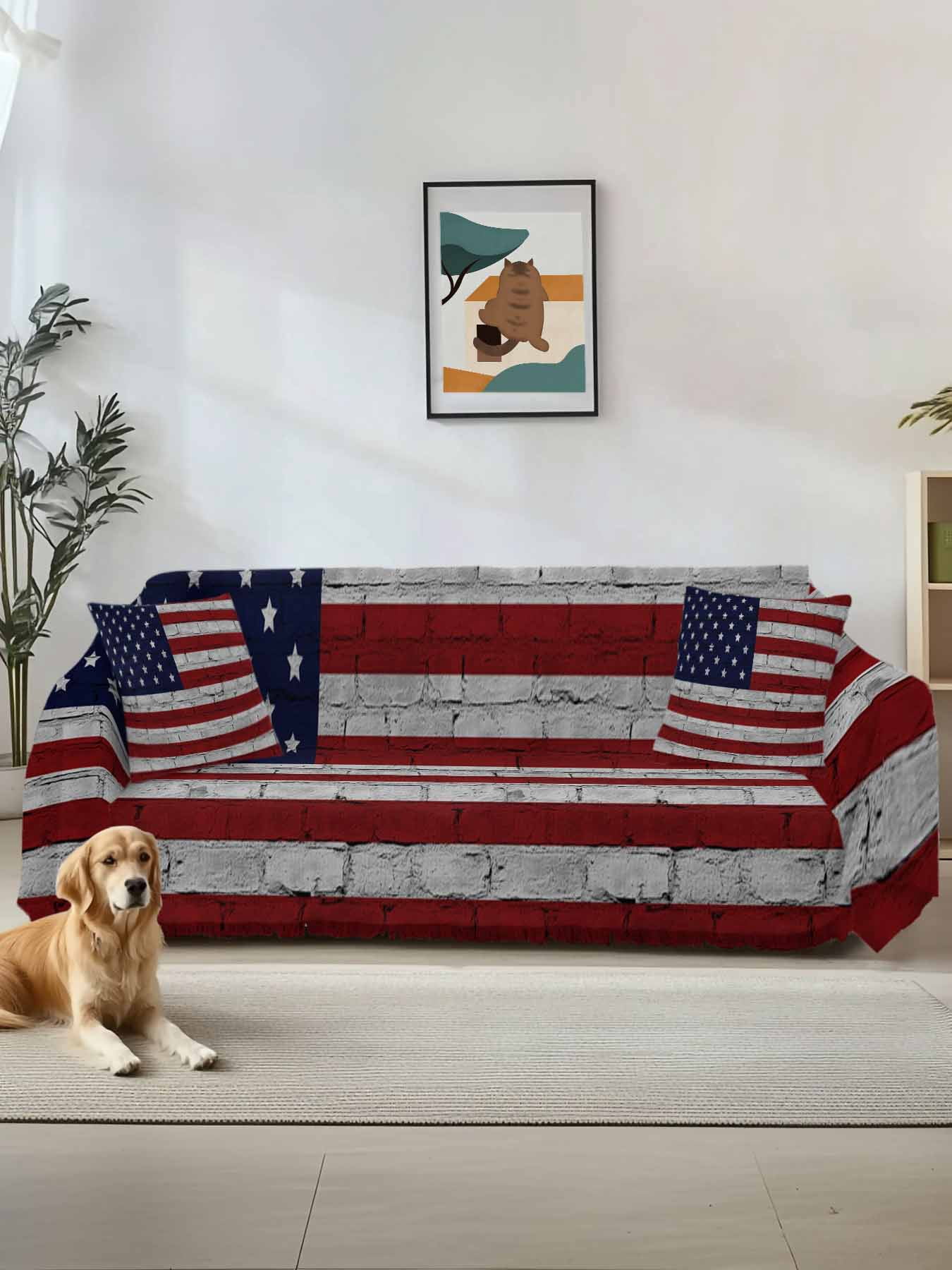 American Flag Couch Cover for Dogs, Vintage Brick Wall Star Striped Red ...