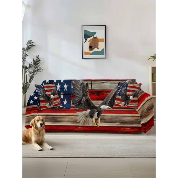 American Flag Couch Cover, Eagle Blue Red USA Flag Retro Oversized Sofa ...