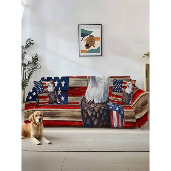 American Flag Couch Cover, Vintage Eagle Blue Red USA Flag Sofa Cover ...