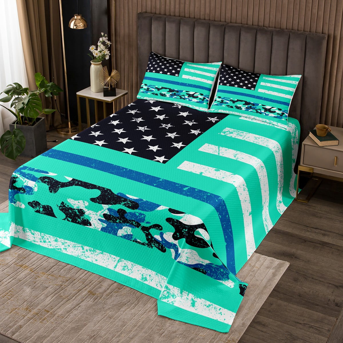 American Flag Coverlet Set Vintage Retro Camo Style Quilt Set ...