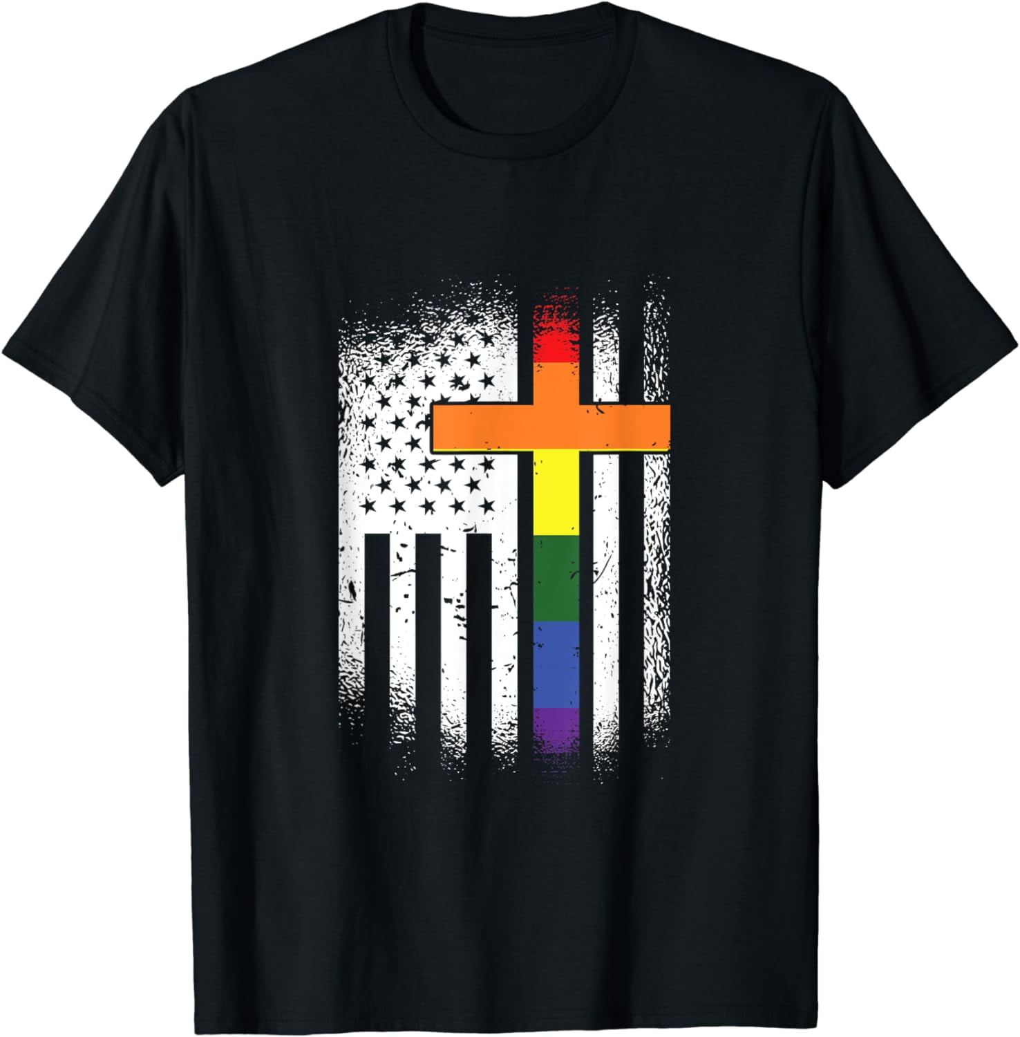 American Flag Cross LGBT-Q Gay Pride Flag Christian Ally T-Shirt ...