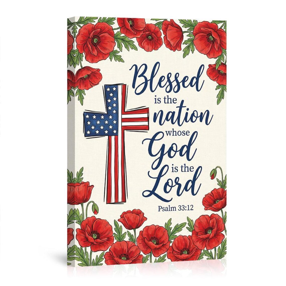 American Flag Cross Psalm 33 12 Christian Red Poppies Canvas - Walmart.com