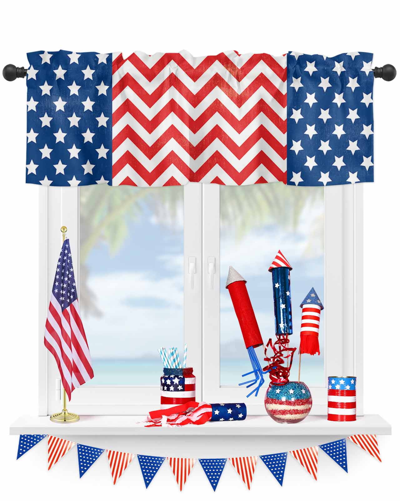 American Flag Curtain Valances for Windows, Chevron Memorial Day Window ...
