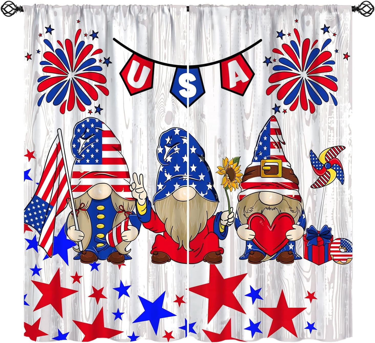 American Flag Curtains, Cute Gnomes Fireworks Blue Red Wood Plank Stars ...