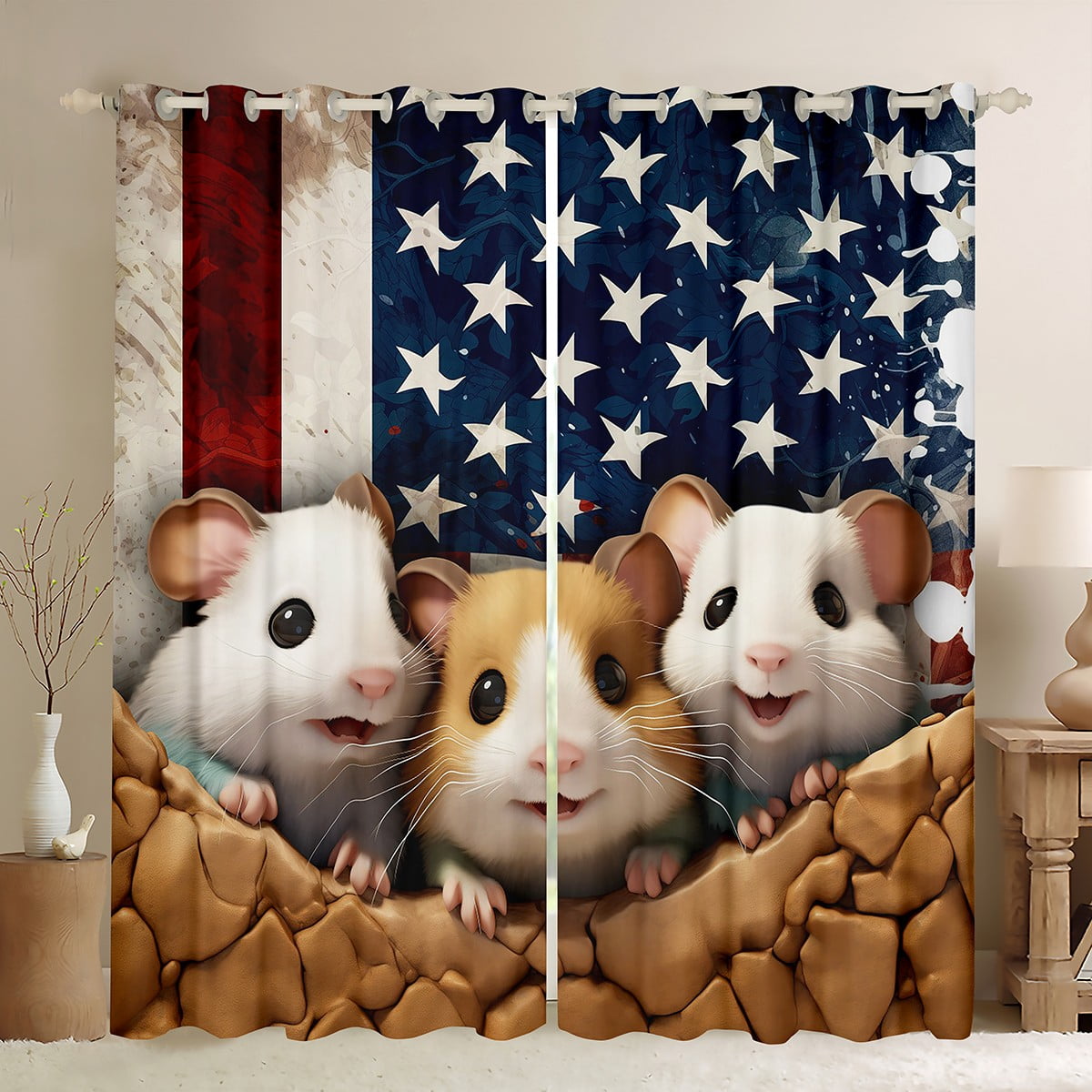 American Flag Curtains Cute Hamster Blackout Curtains 3D Cartoon Animal ...