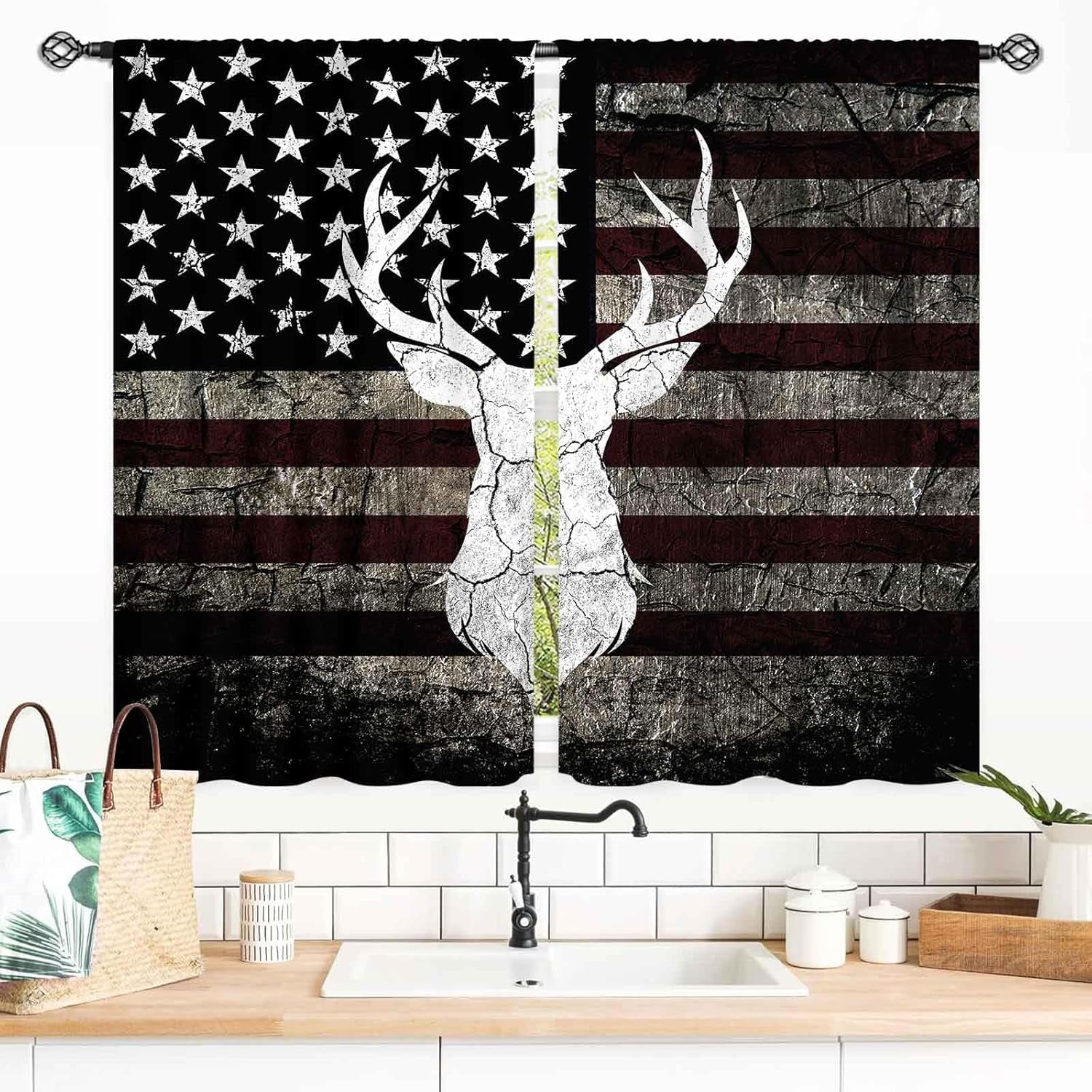 American Flag Curtains, Rustic Retro Camo Deer Hunting Vintage US Flag ...