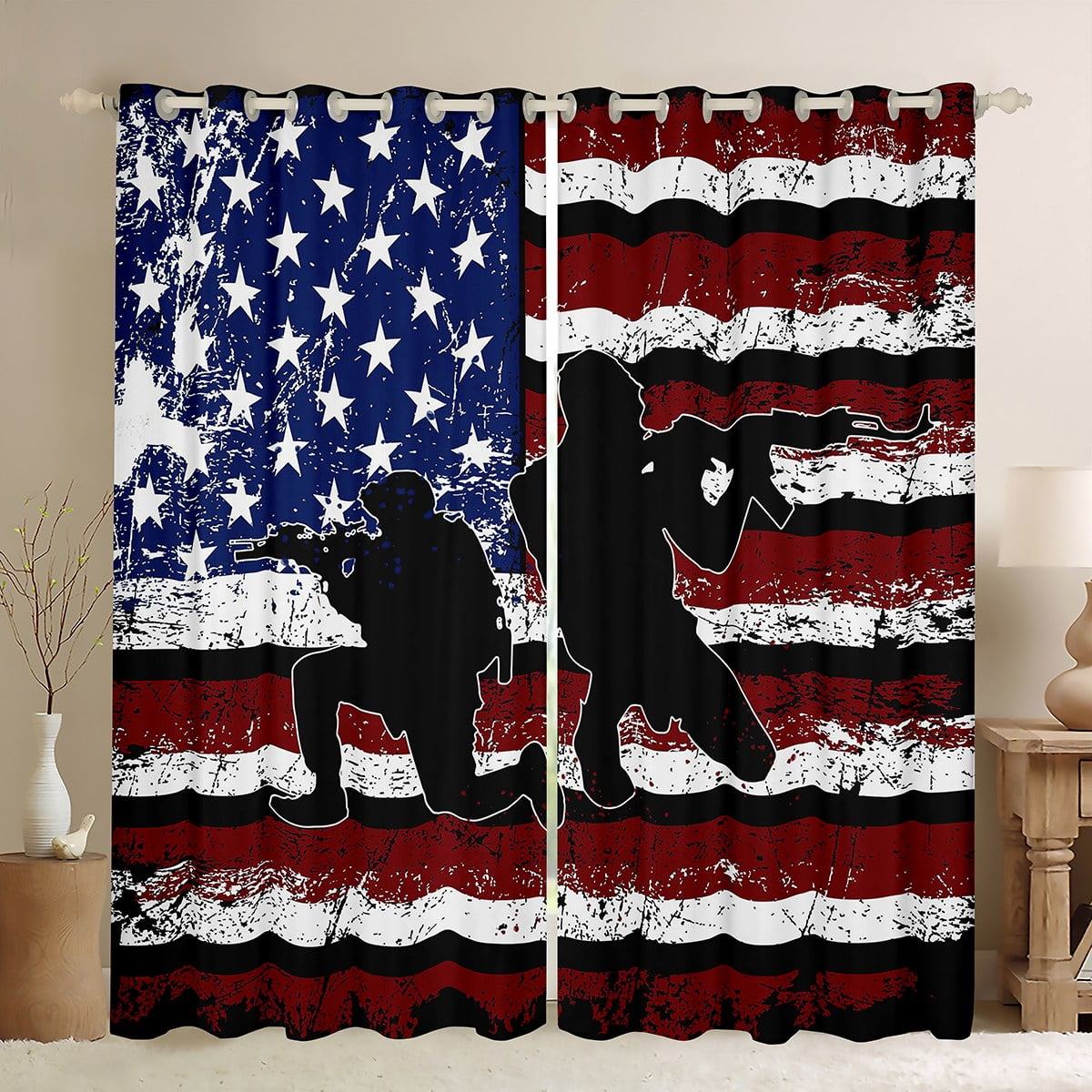 American Flag Curtains Vintage Army Soldier Silhouette Blackout ...