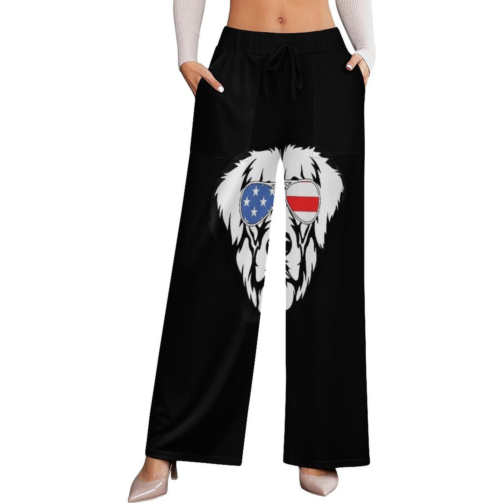 American Flag Cute Dog Women's Casual Wide Leg Pants Comfort Pockets ...