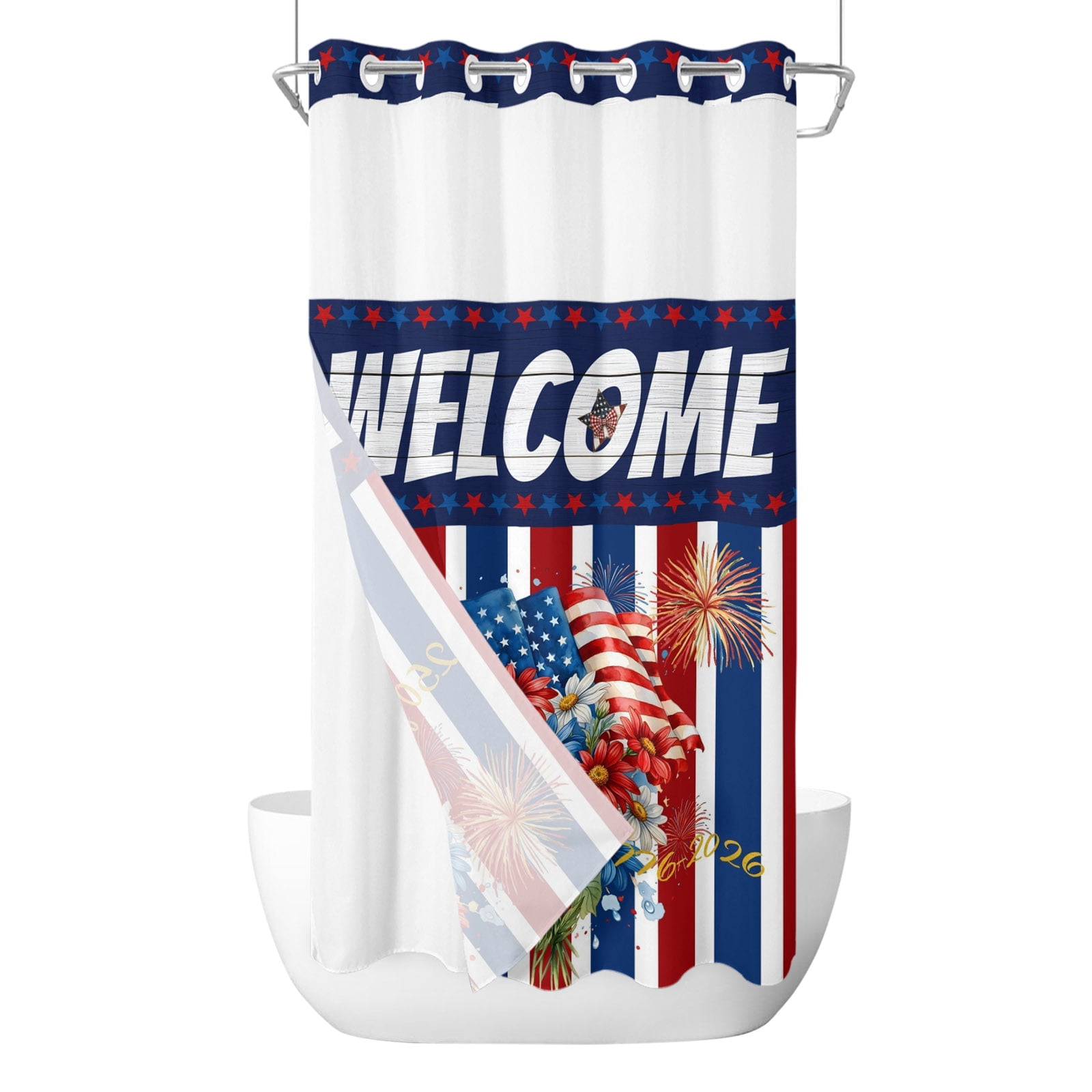 American Flag Daisy Fireworks No Hook Shower Curtain with Snap in Liner ...