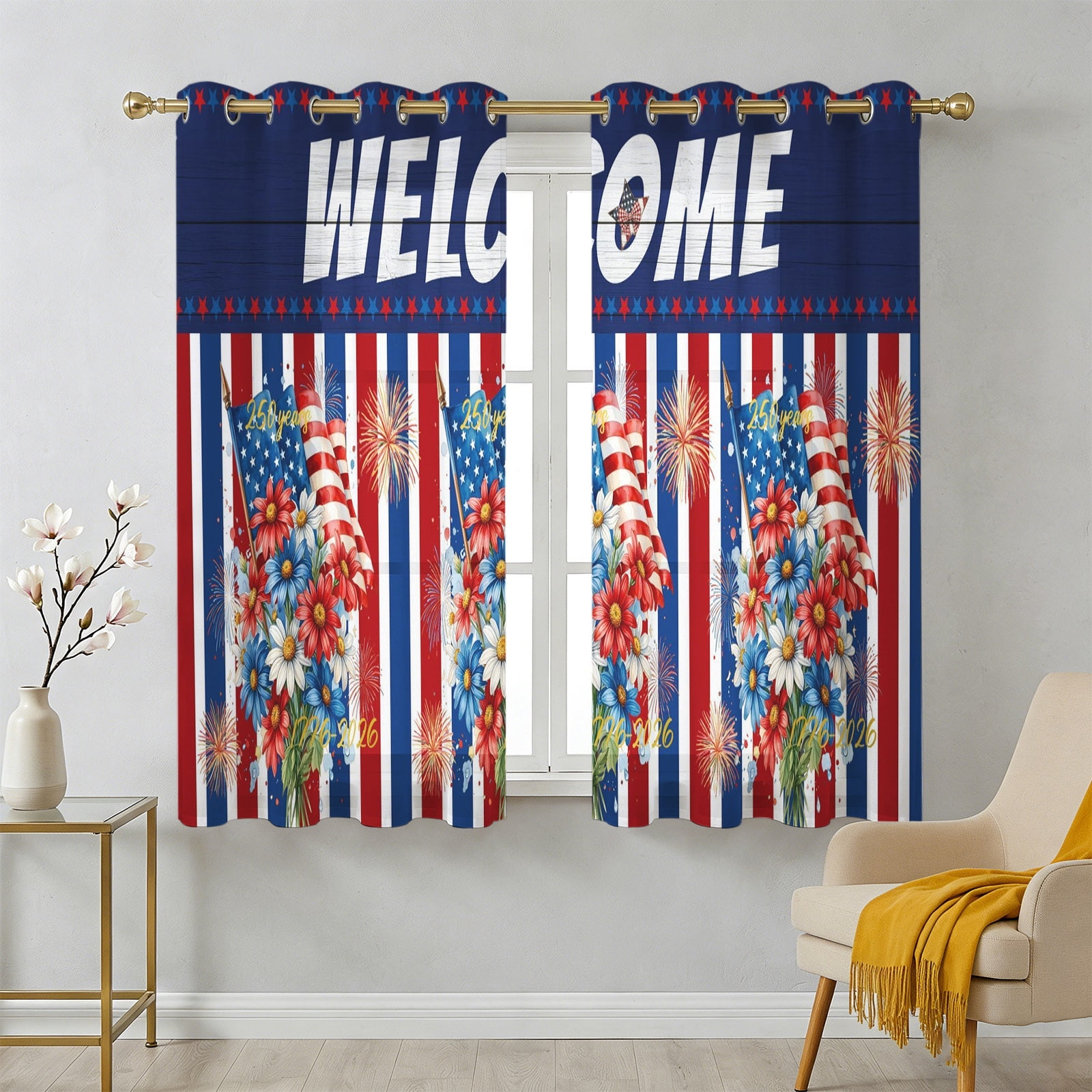 American Flag Daisy Fireworks Sheer Curtains 39 Inch Long 2 Panels ...