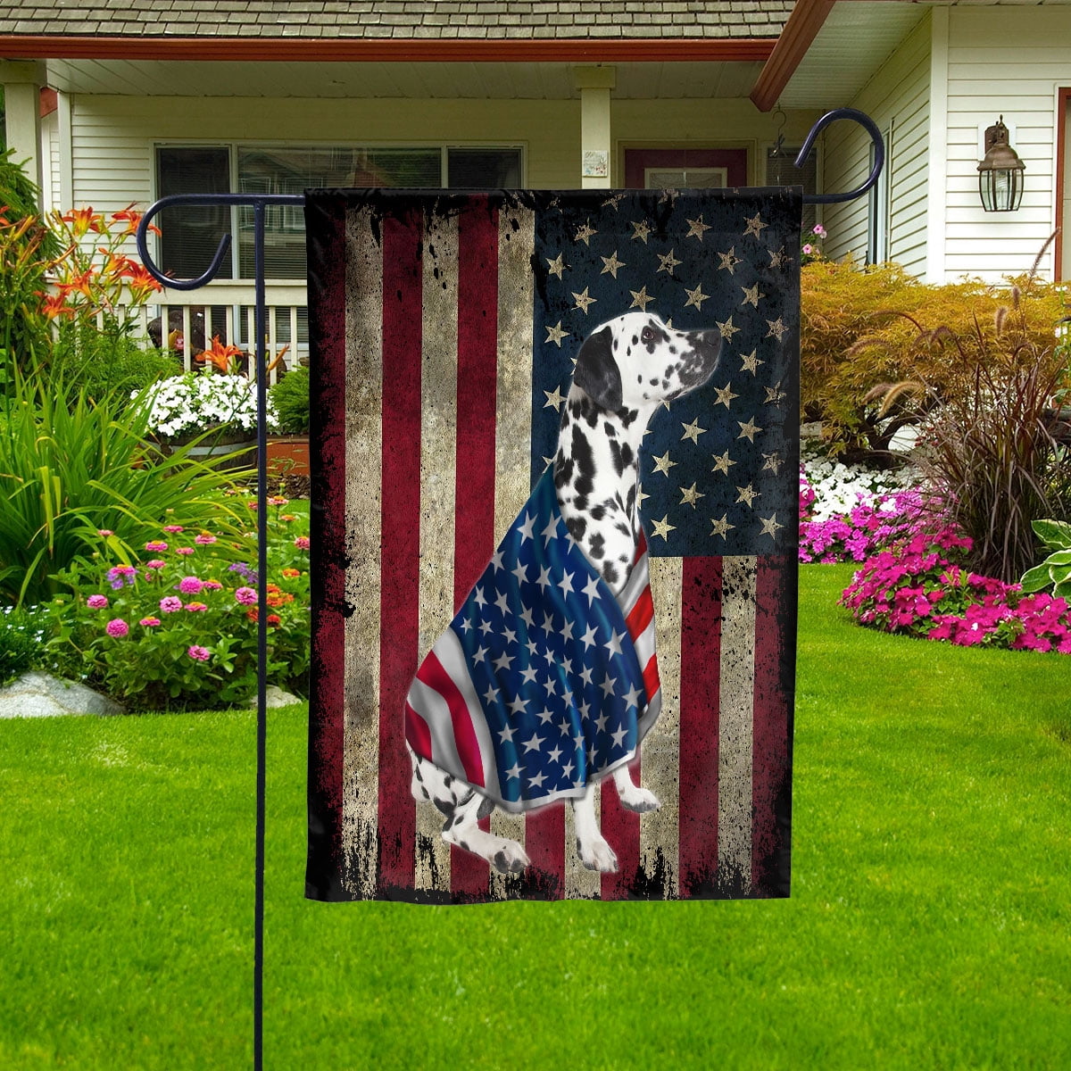 American Flag with Dalmatian Dog stand under the cross Patriot ...