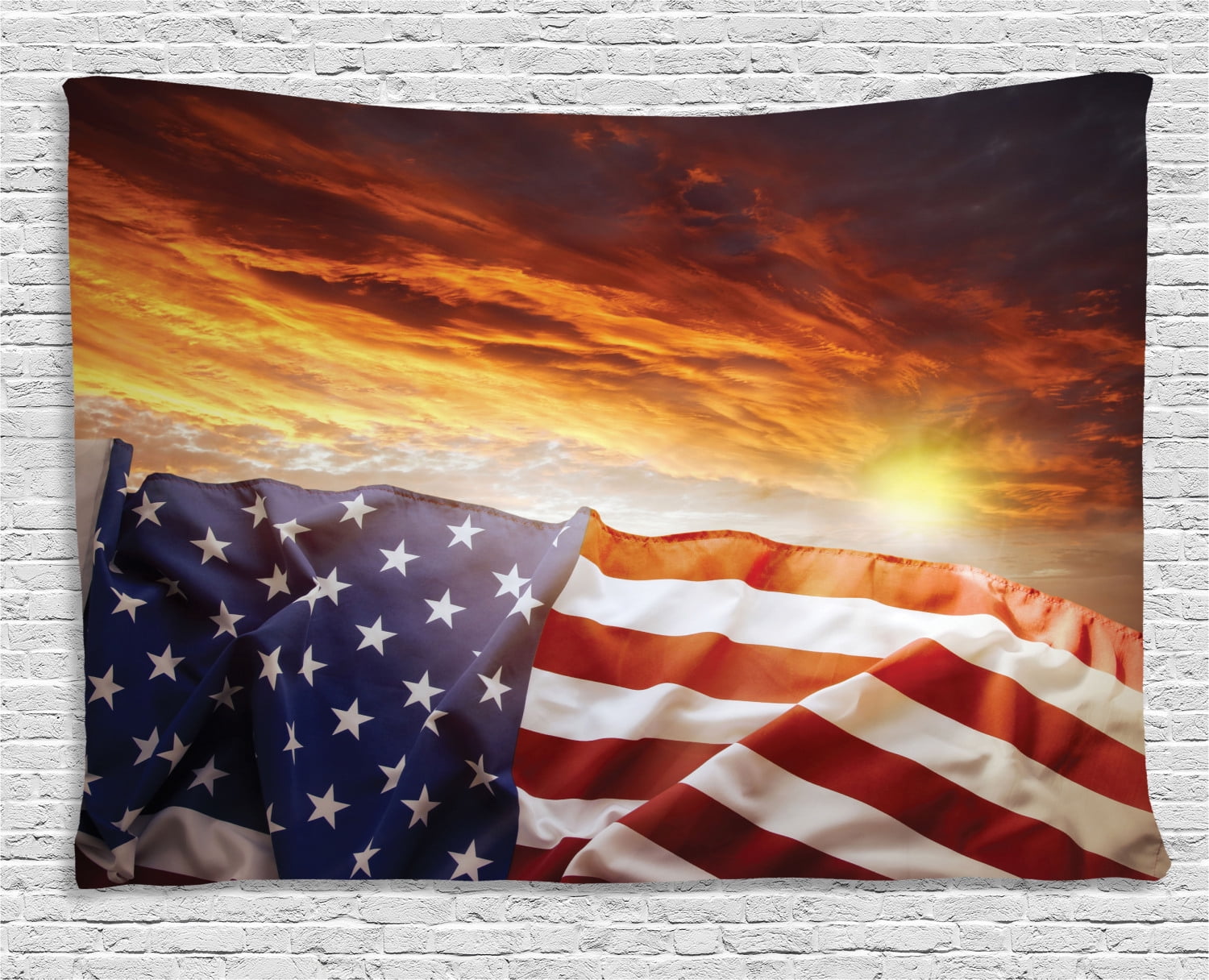 American Flag Decor Tapestry, Flag in front of Sunset Sky with Horizon ...