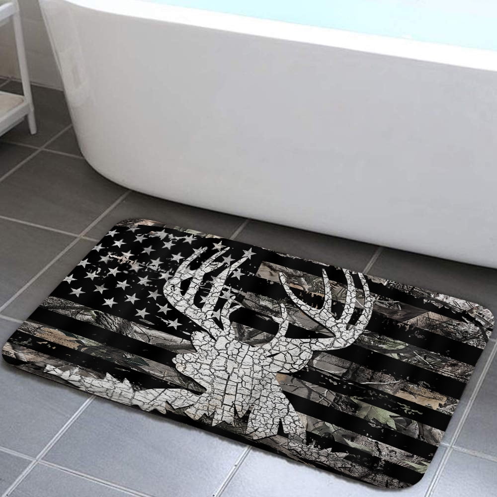 American Flag Deer Bathroom Rug, Camo Buck Elk USA Flags Countryside ...