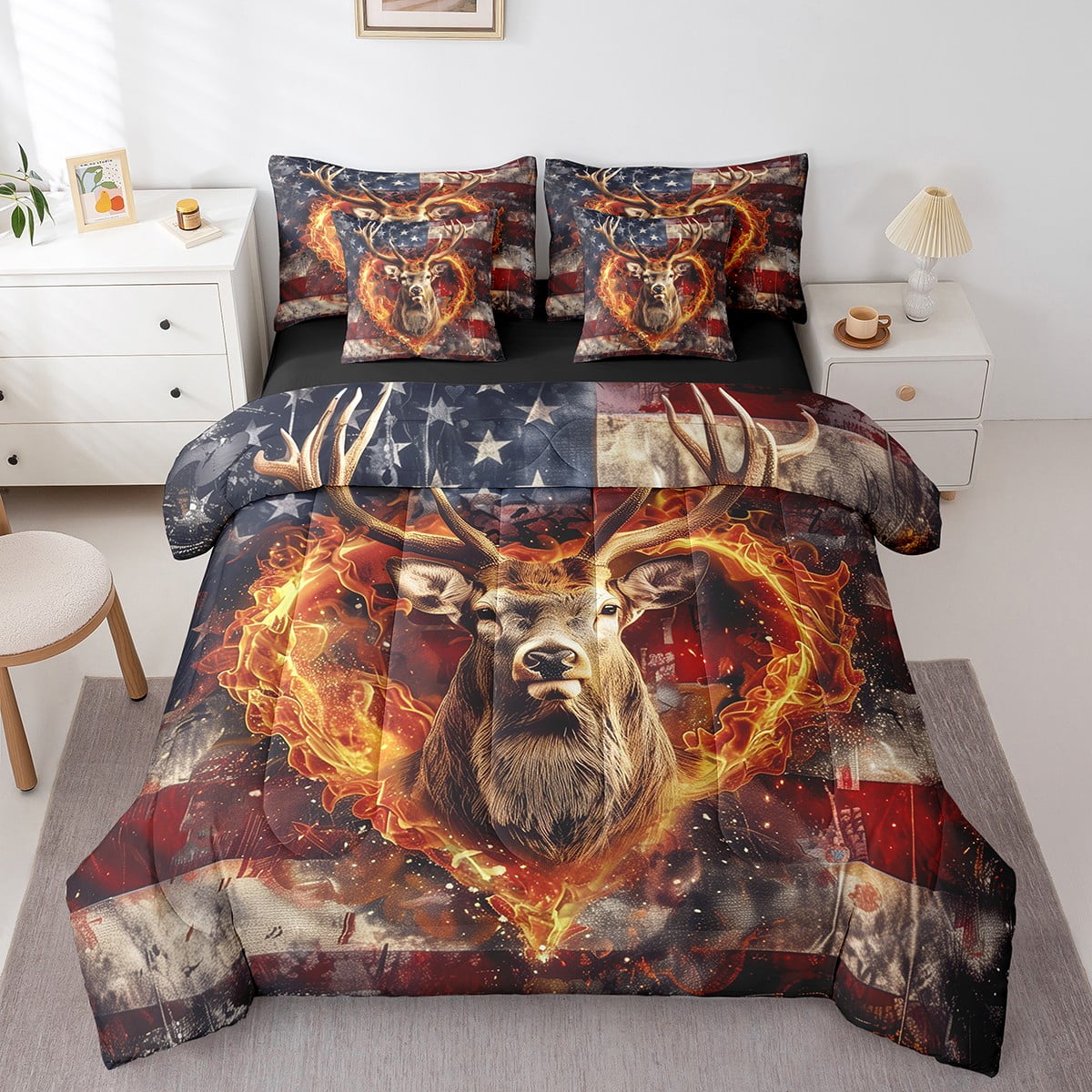 American Flag Deer Bed in a Bag 7 Piece King Size 3D Animal Elk Deer ...