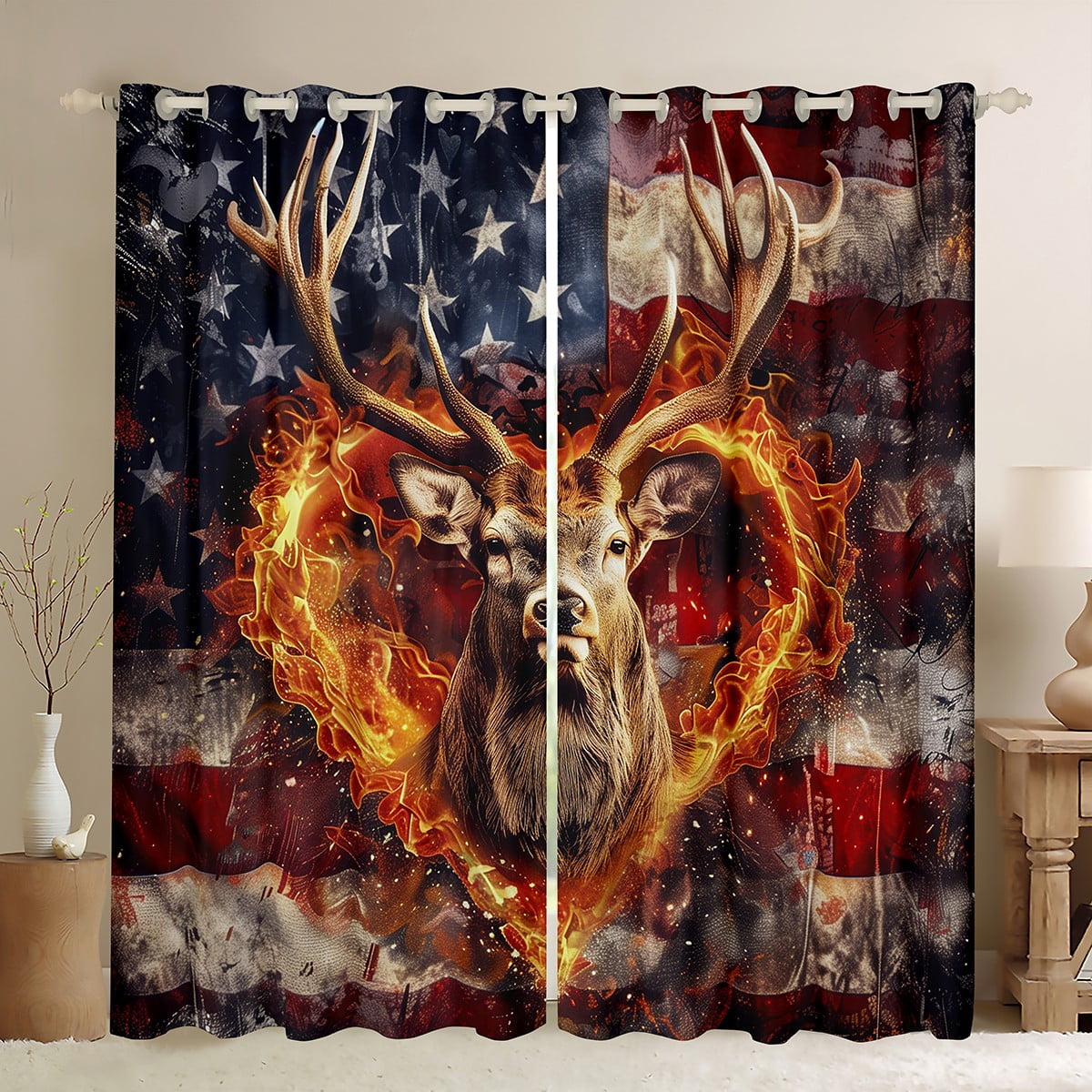 American Flag Deer Curtains 3D Animal Elk Deer Window Curtain Wildlife ...
