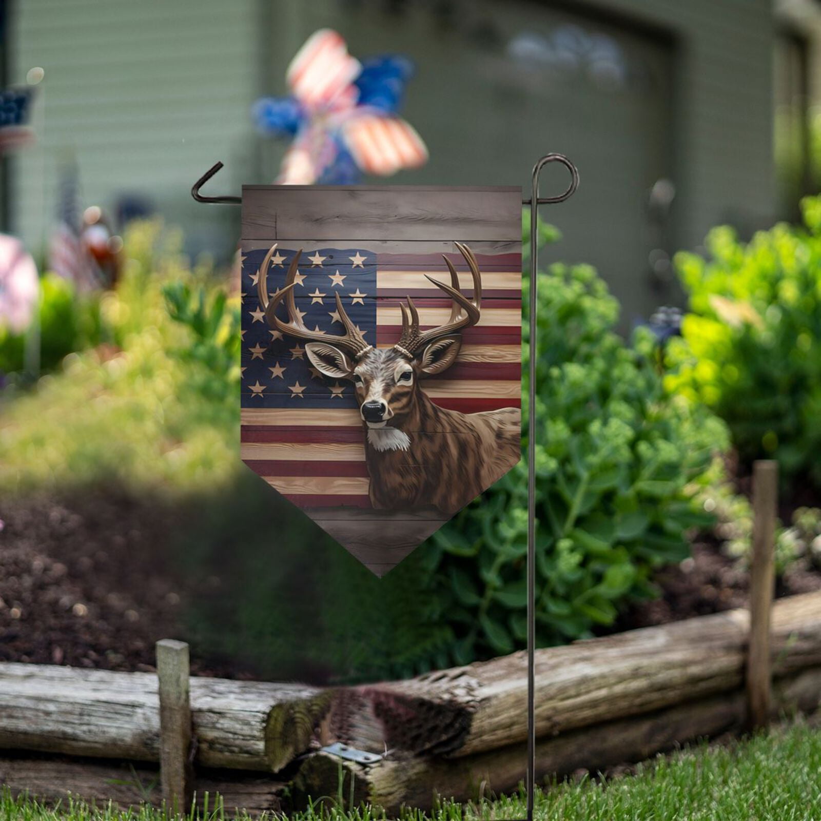 American Flag Deer Garden Flag 18" x 12.5" Double Sided Yard Lawn Outdoor Decor Small Yard Flags ...