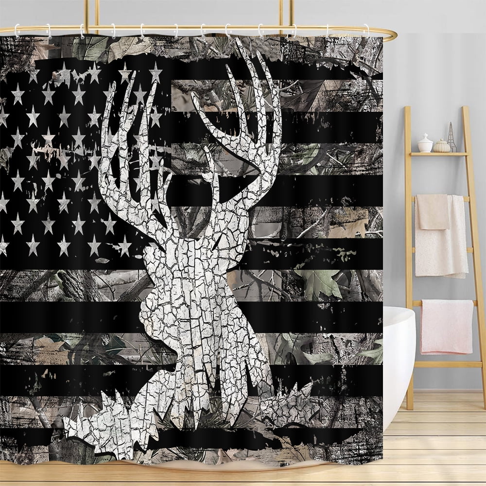 Wathon Flag Deer Shower Curtain, Camo Buck Elk Bathroom Decor, 60x70 ...
