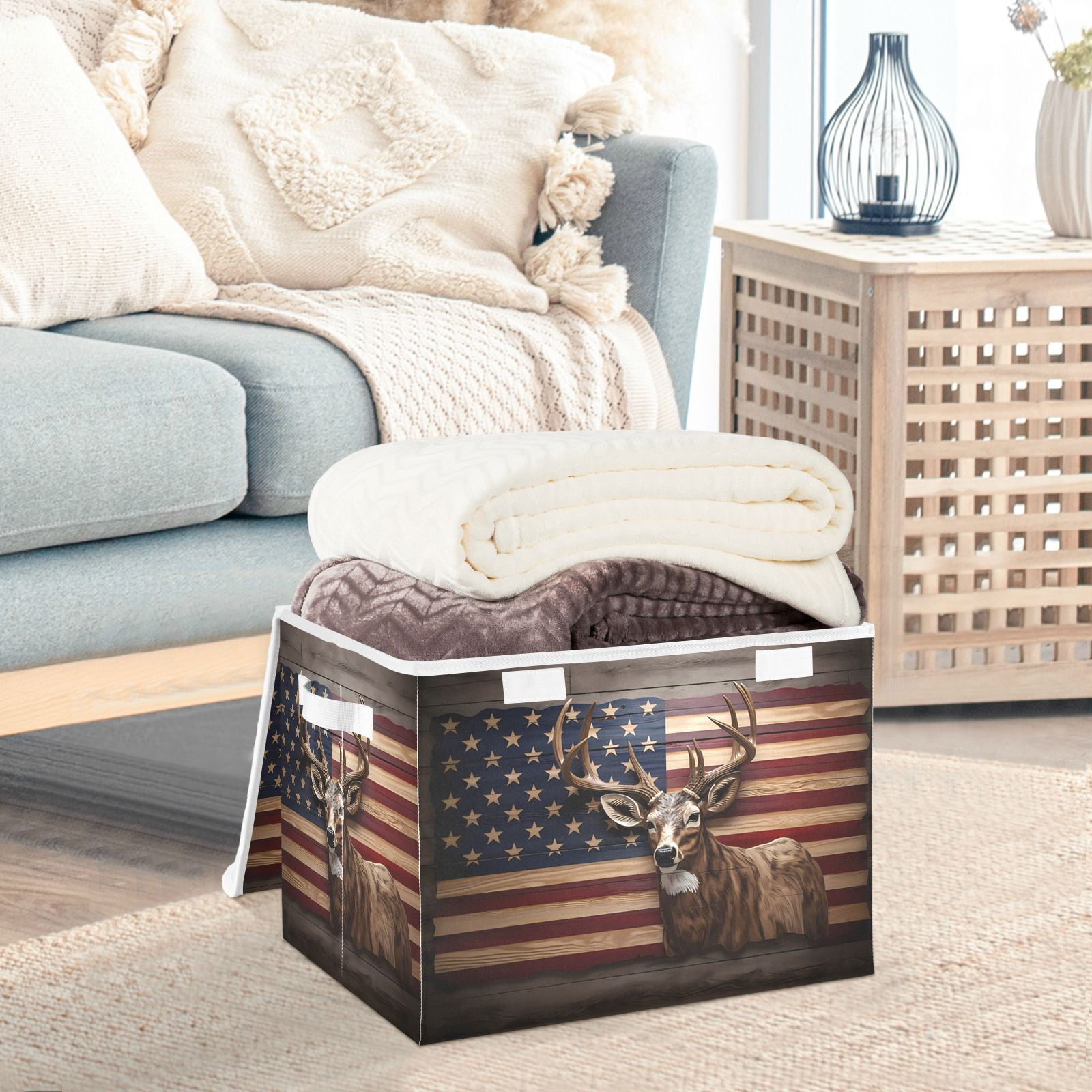 American Flag Deer Storage Basket Foldable Laundry Basket Shelf Kids ...