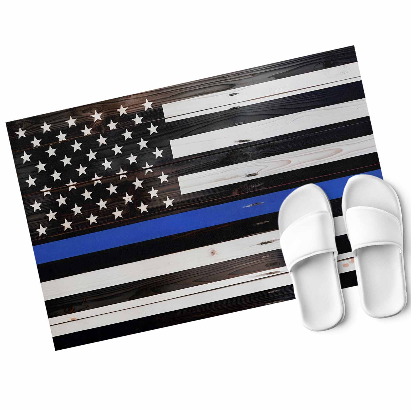 American Flag Door Mat Blue Line Star Black White Stripes Wood Grain ...