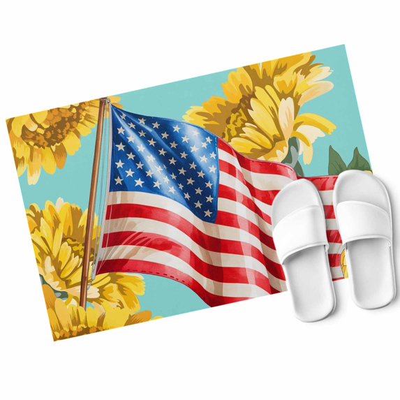 American Flag Door Mat Vintage Yellow Dasiy Flowers Teal Background Non ...