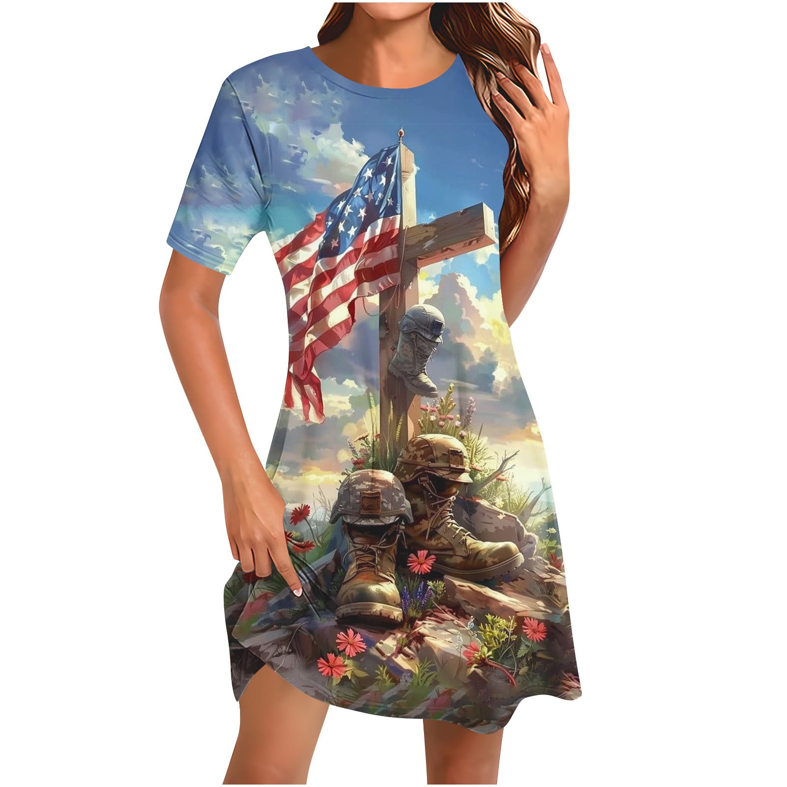 American Flag Dress for Women 4Th of July Patriotic Shirt Crew Neck ...