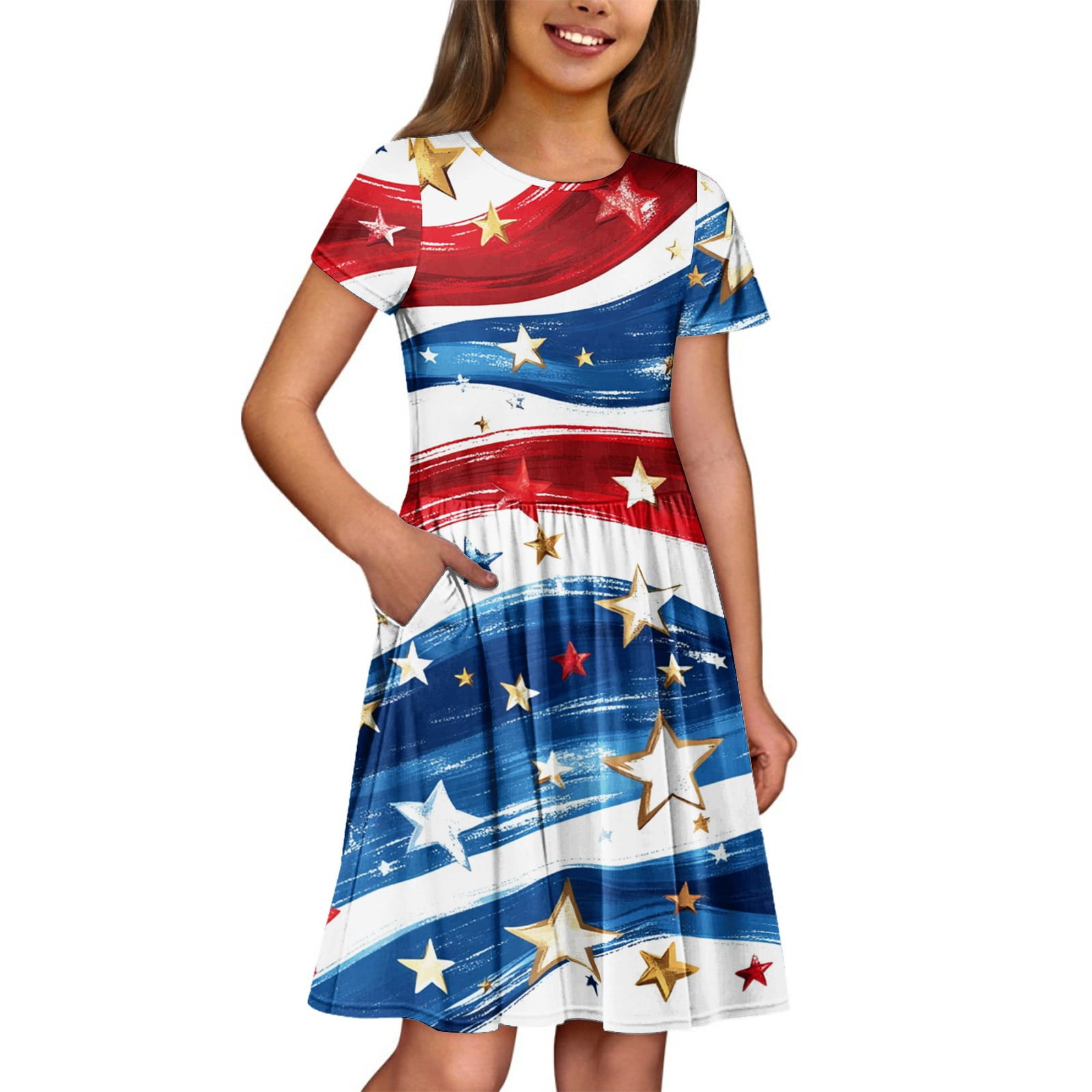 American Flag Dresses for Girls Size 9-10 Crew Neck Short Sleeve Skater ...