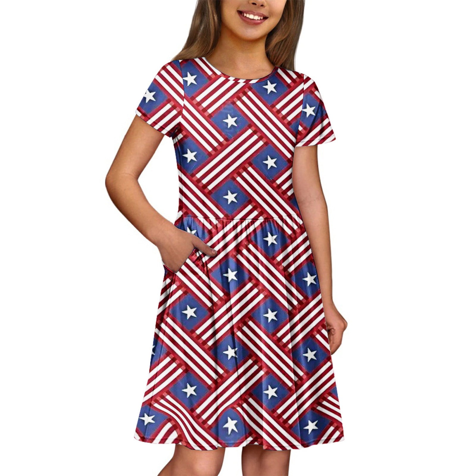 American Flag Dresses for Girls Size 9-10 Crew Neck Short Sleeve ...
