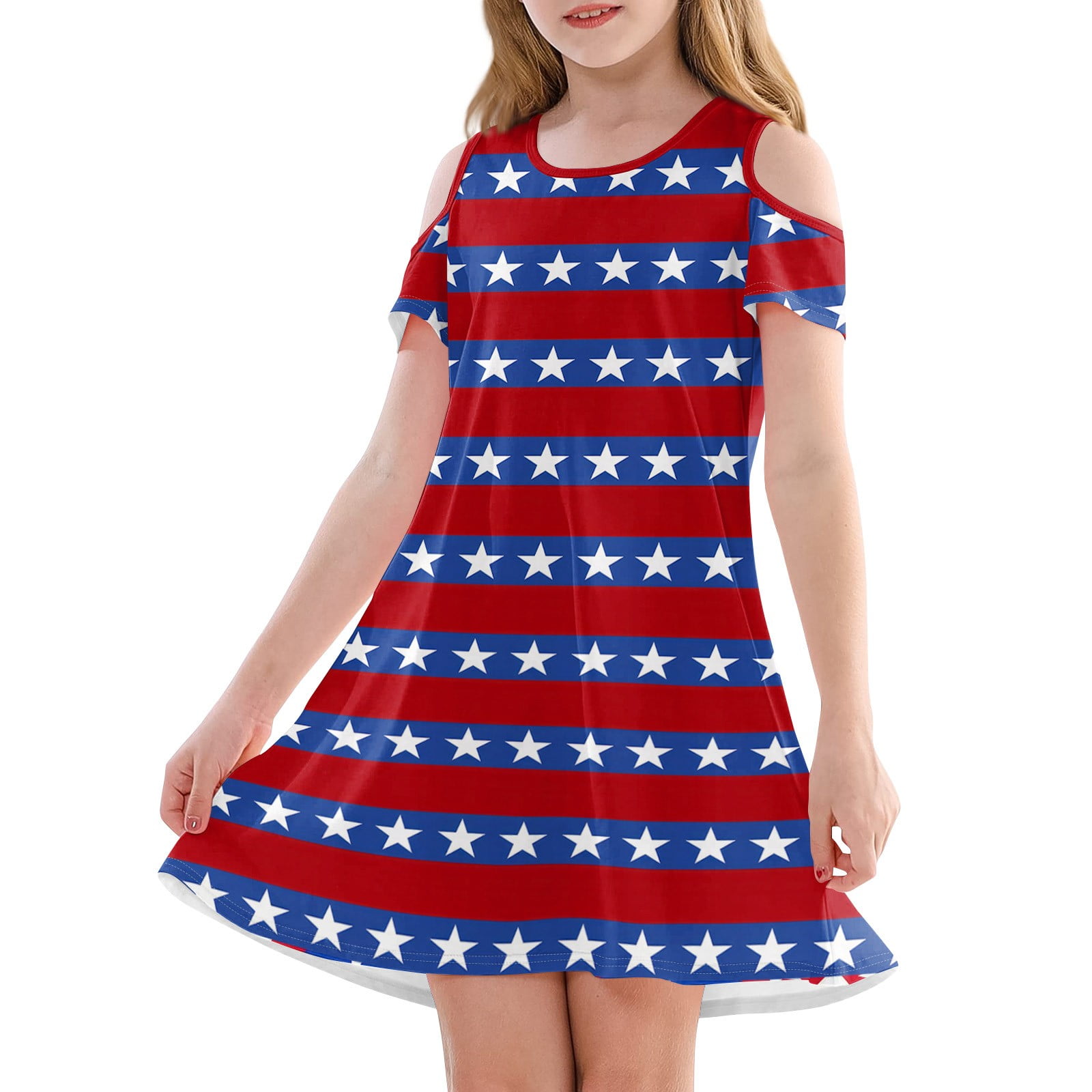 American Flag Dresses for Girls Cold Shoulder Independence Day Stars ...