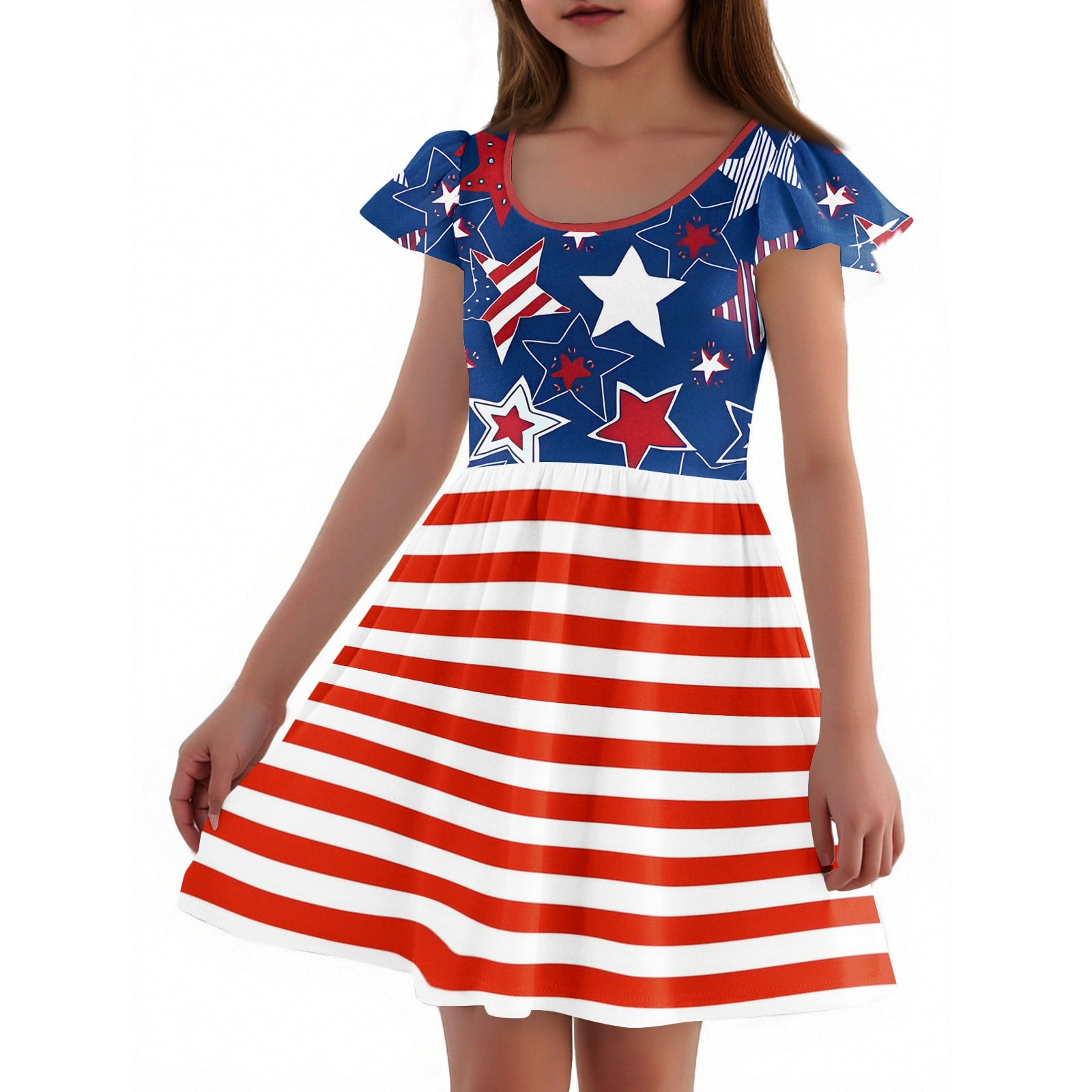 American Flag Dresses for Girls Flutter Sleeve Independence Day Midi ...