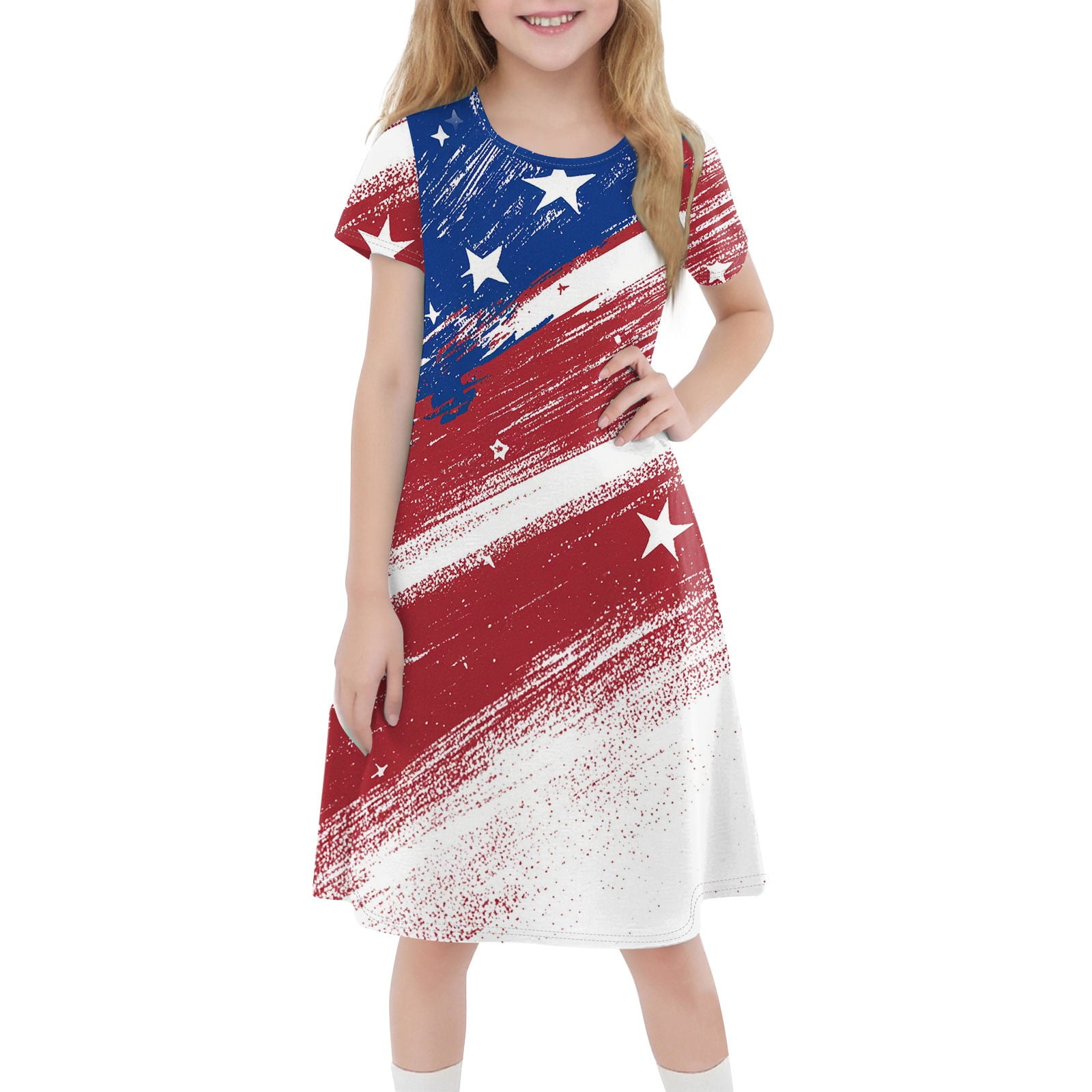 American Flag Dresses for Girls Short Sleeve Independence Day Midi ...