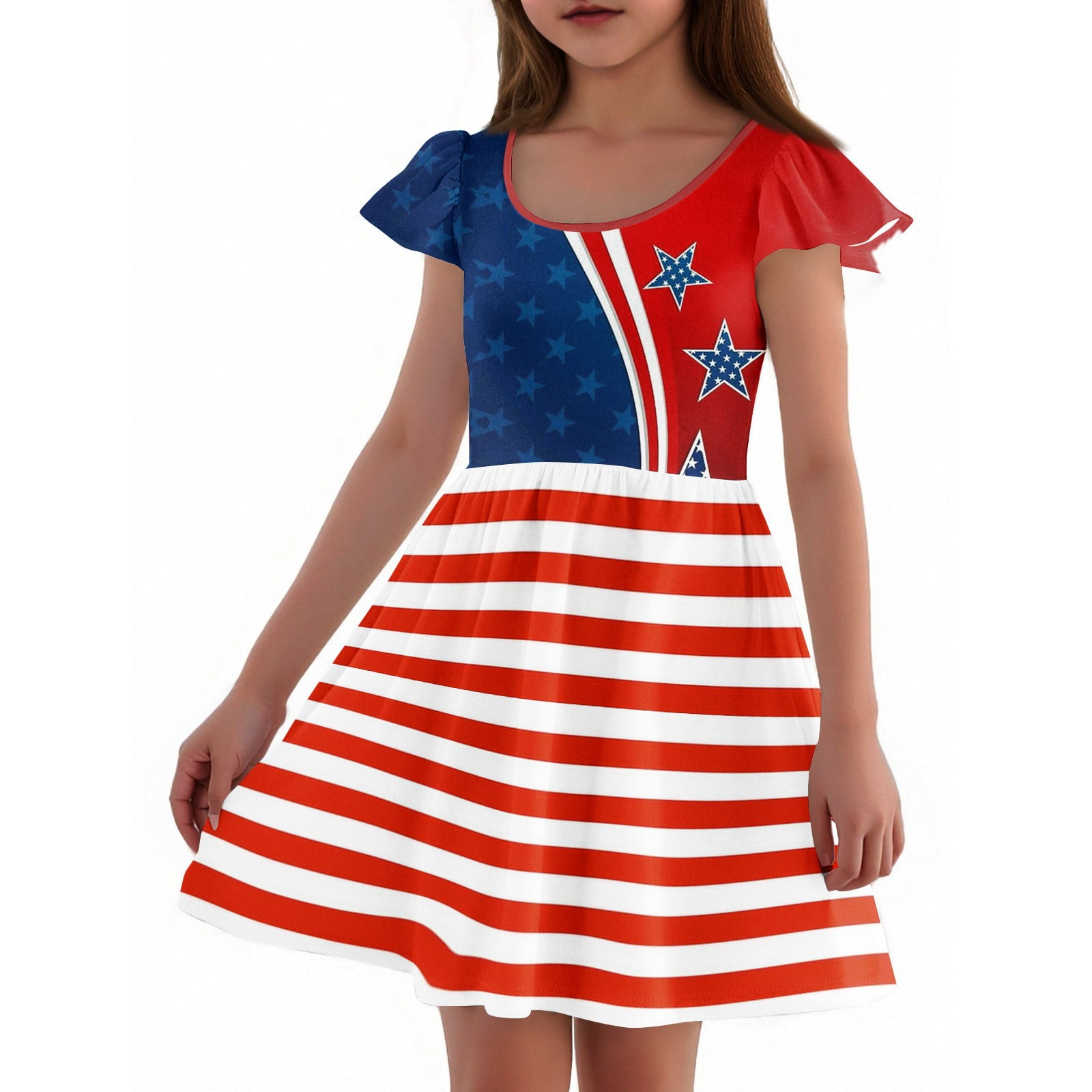 American Flag Dresses for Girls Stars Striped Flutter Sleeve ...