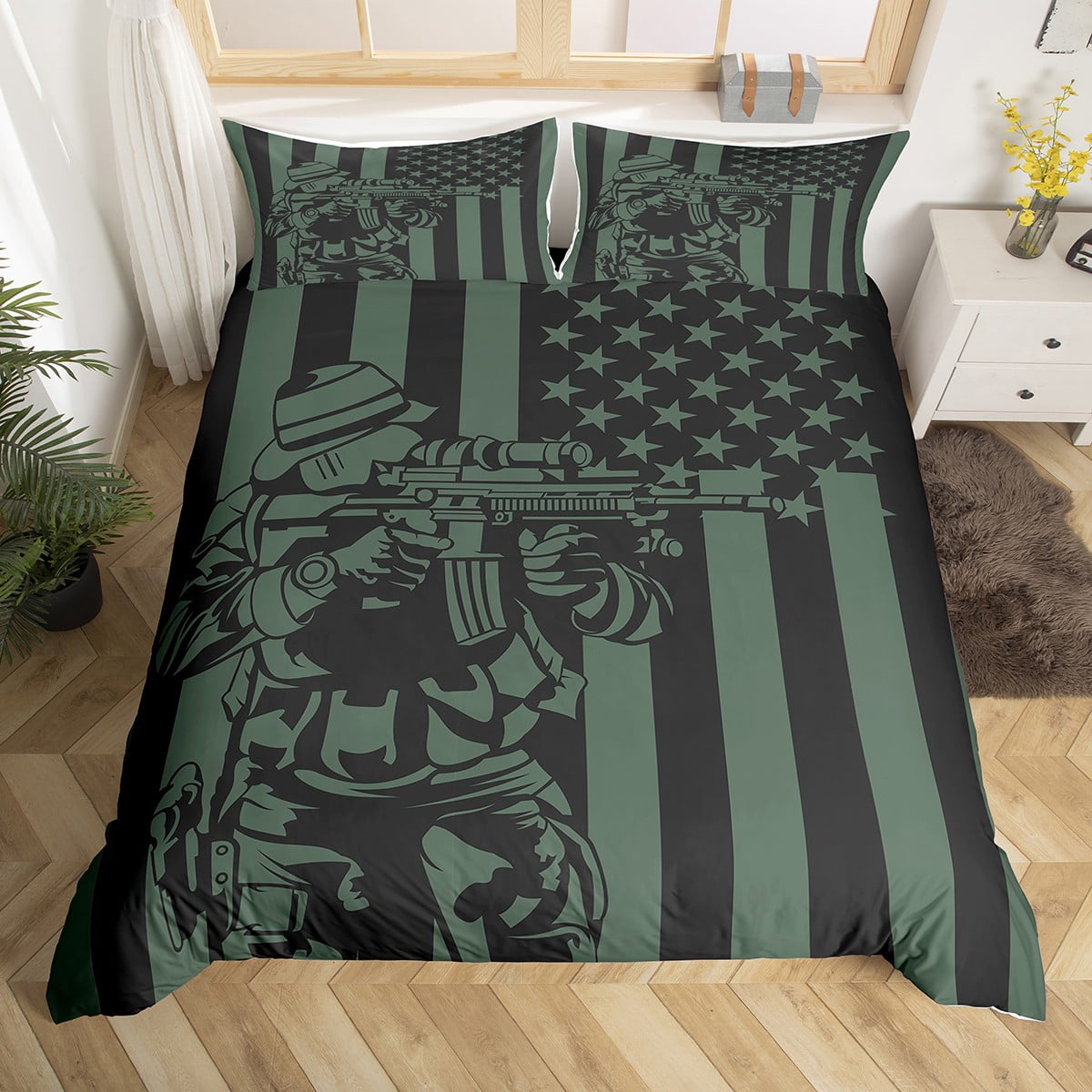 American Flag Duvet Cover King for Boys Teens Army Green Soldier ...