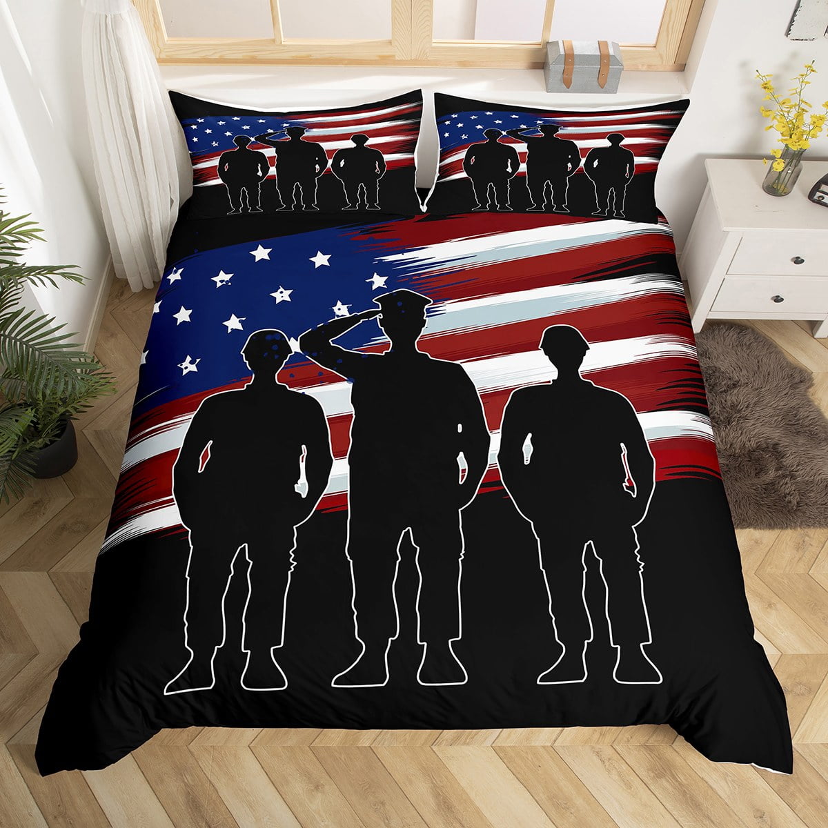 American Flag Duvet Cover Military Officer and Soldiers Saluting Print ...