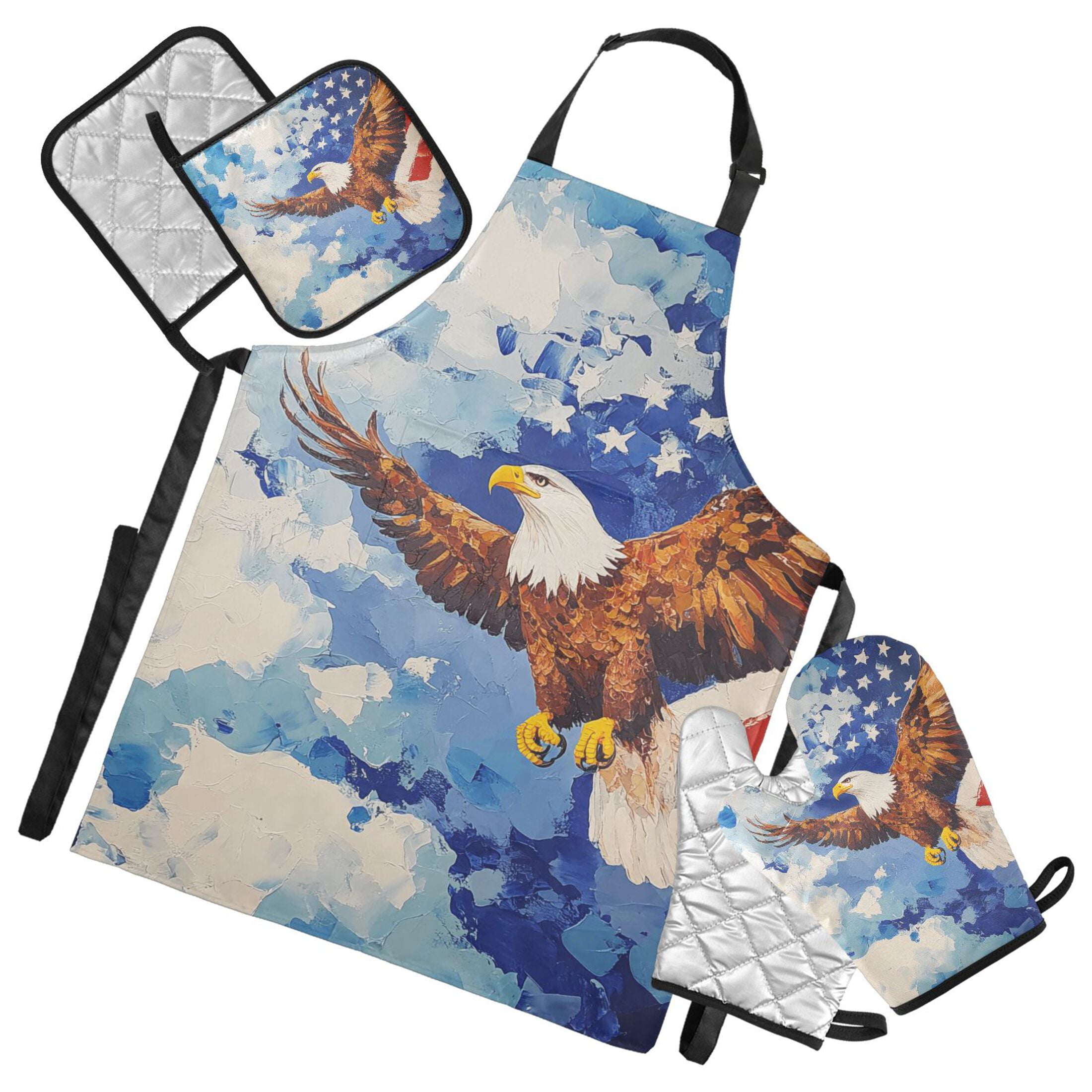 American Flag Eagle Clouds 5 Pcs Kitchen Set Heat Resistant Oven Mitts ...