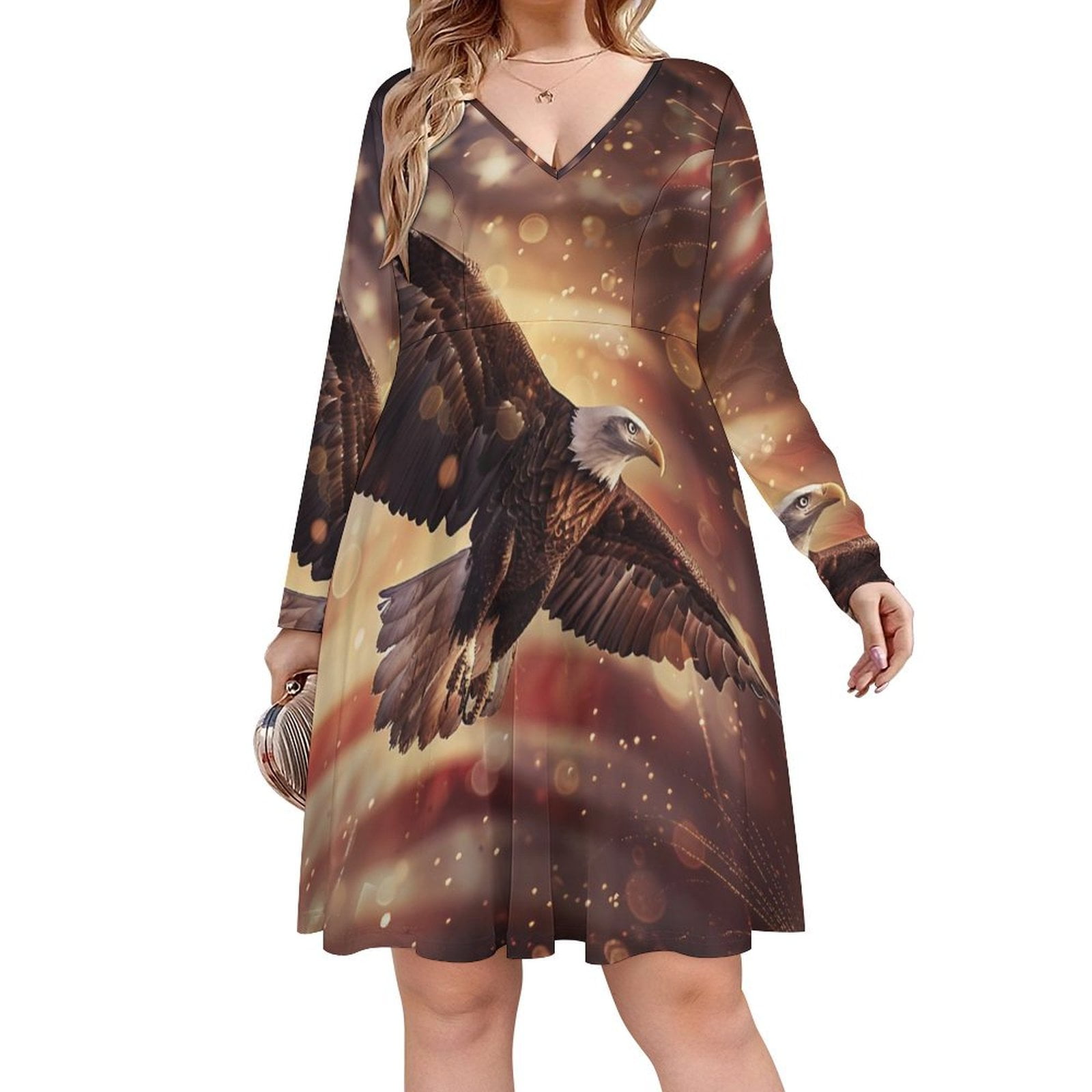American Flag Eagle Long Sleeve Dresses For Women Vintage Elegant Party Dress Oversized V-neck ...