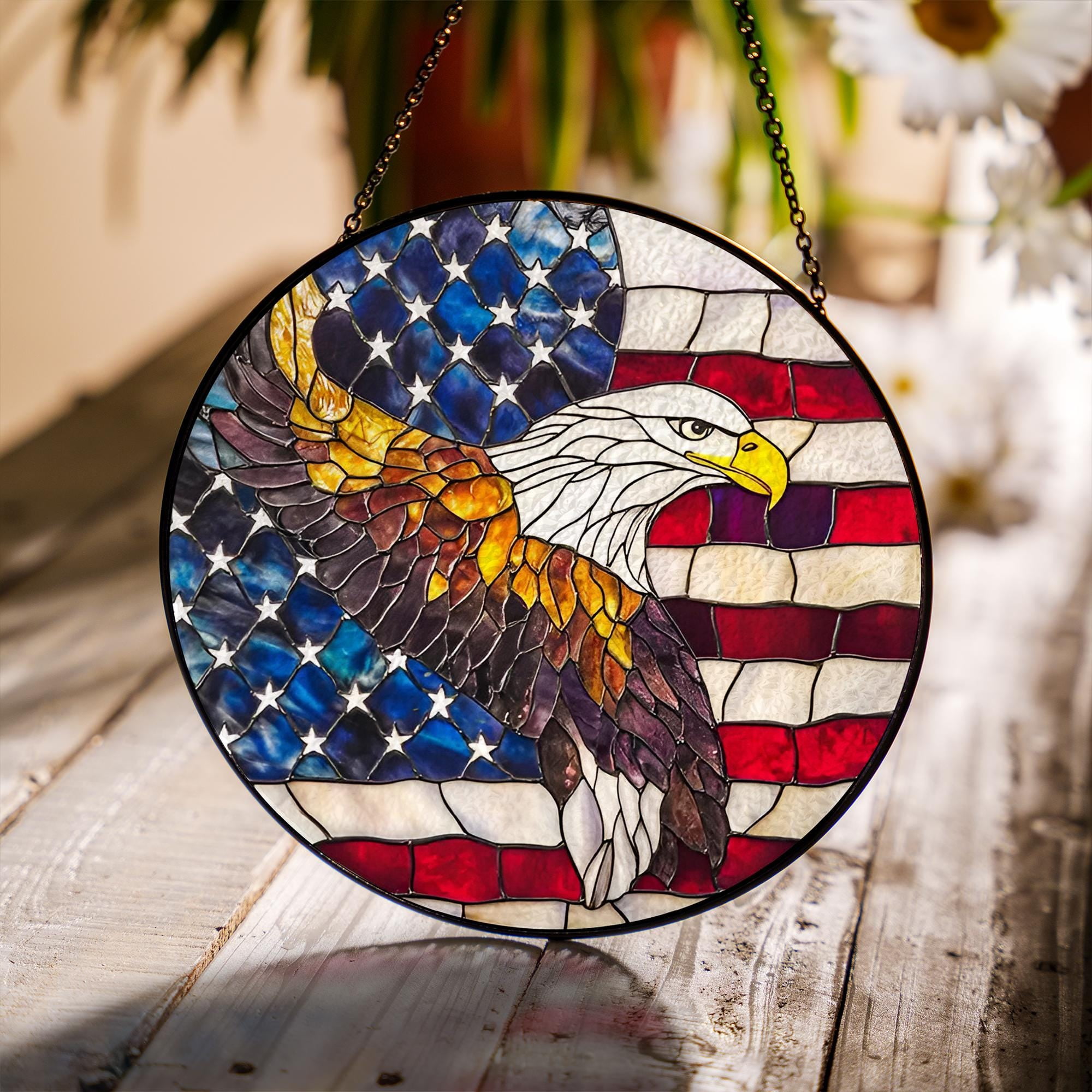 American Flag Eagle Stained Glass Window Panel, Patriotic Hanging Sun ...