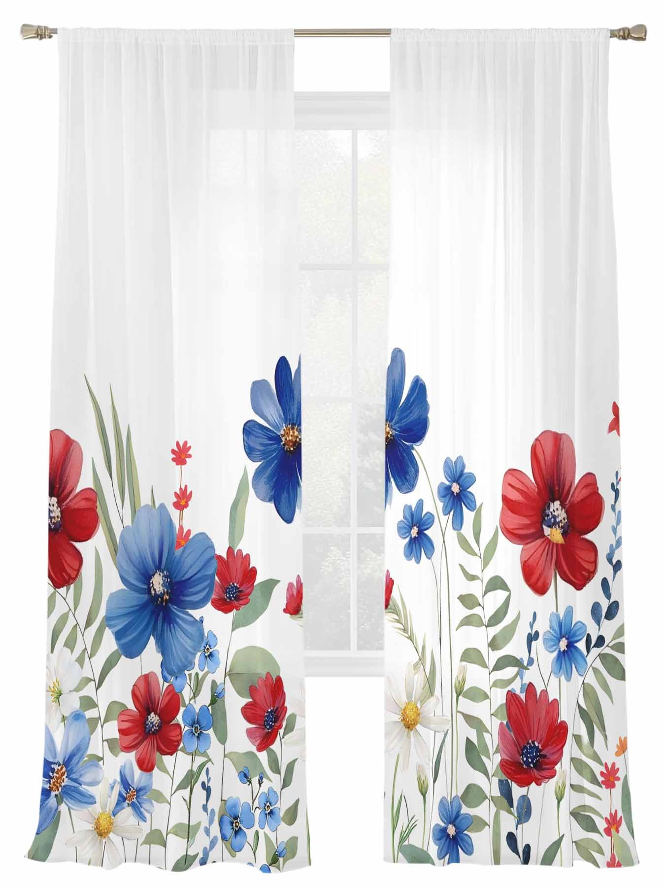 American Flag Farmhouse Flowers Sheer Curtains 2 Panels Set ...