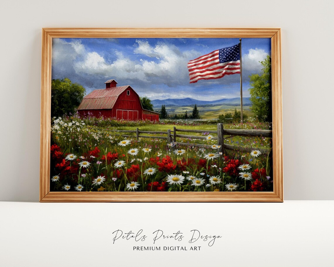 American Flag Farmhouse Print, 4Th Of July Floral Art Able Home Decor ...