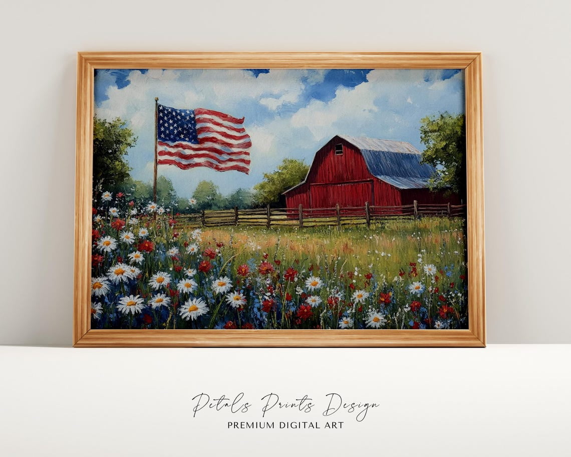 American Flag Farmhouse Print, 4Th Of July Floral Art Able Home Decor ...