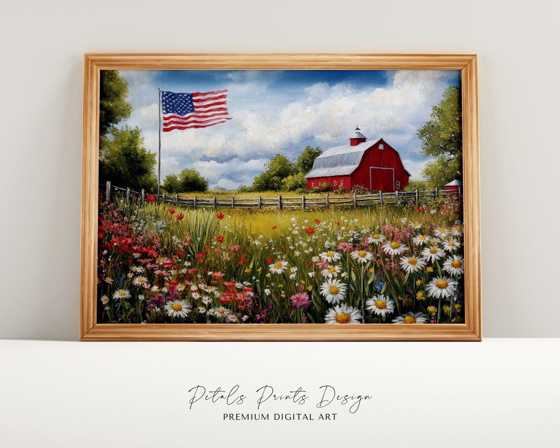 American Flag Farmhouse Print, 4Th Of July Floral Art Able Home Decor ...