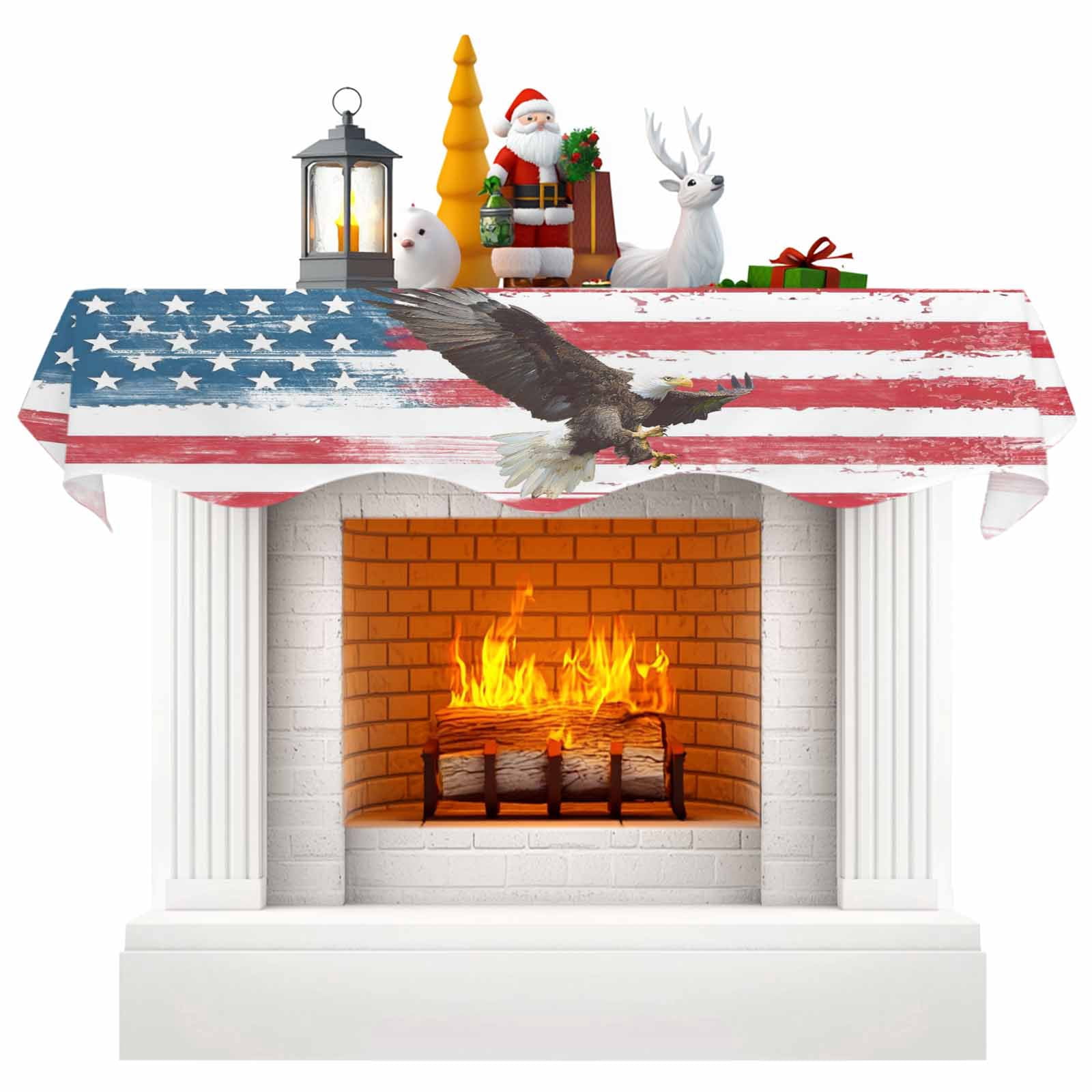American Flag Fireplace Mantel Scarf Table Runner, Eagle Watercolor USA ...