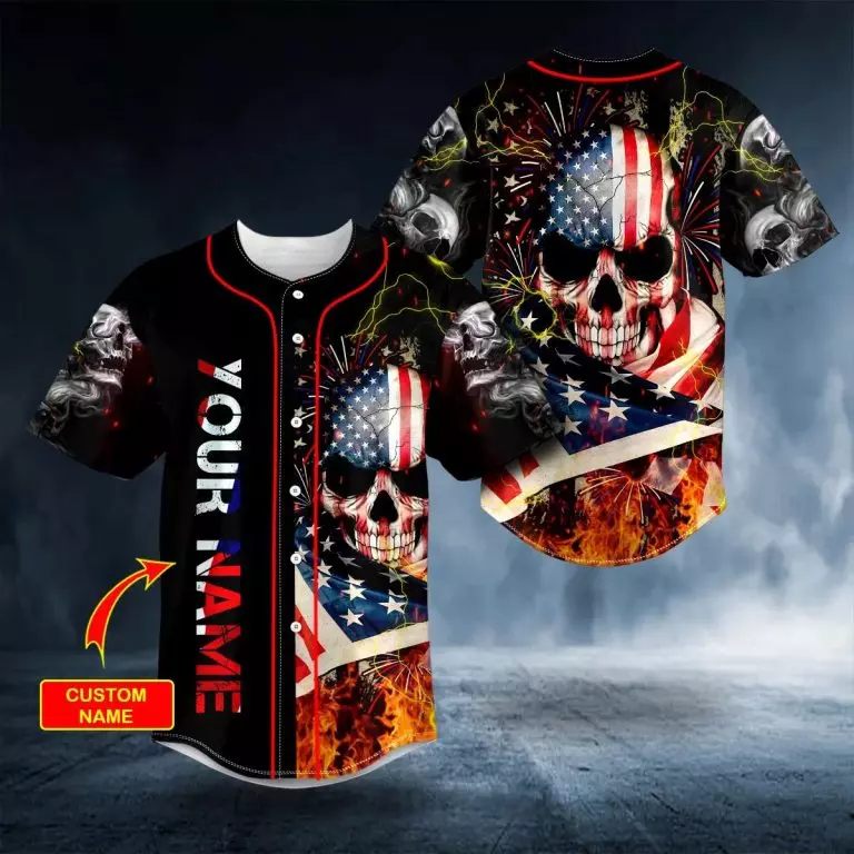 American Flag Firework Lightning Fire Skull Custom Baseball Jersey ...